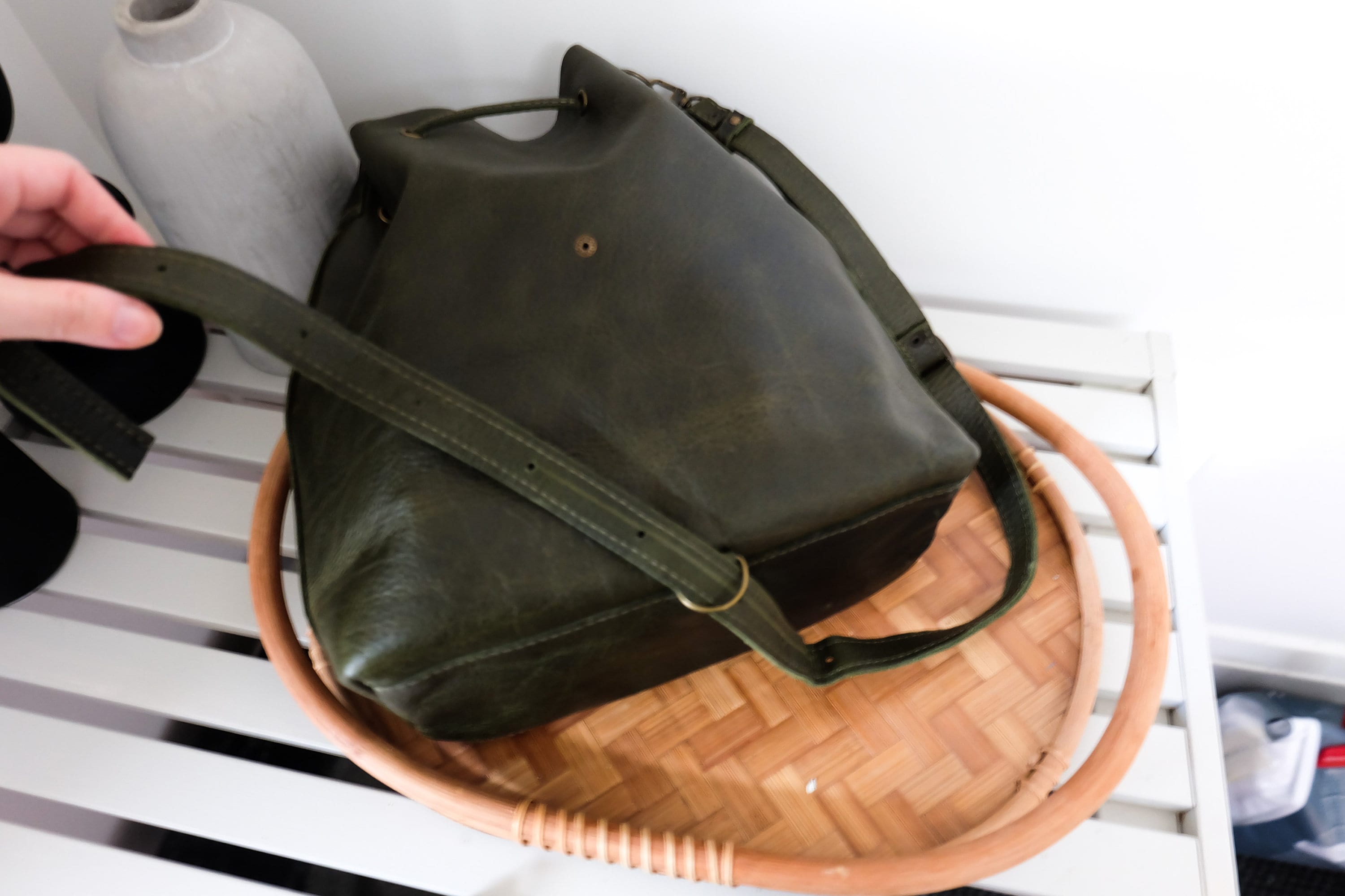 Green Convertible Bucket Bag, Leather Bucket Backpack, Leather ...