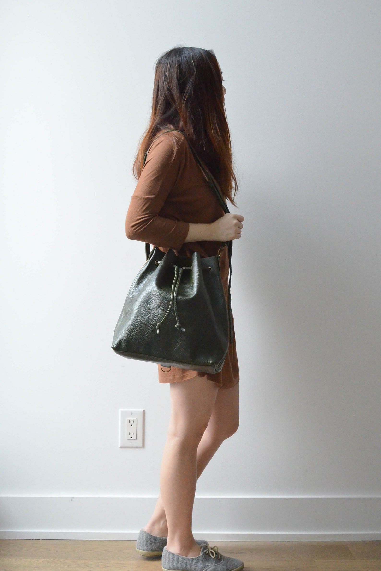 Green Convertible Bucket Bag, Leather Bucket Backpack, Leather ...