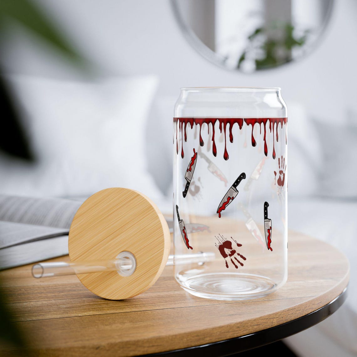 Horror 16 Oz Sipper Glass, Bloody Hands and Knife Theme, Blood Stains ...
