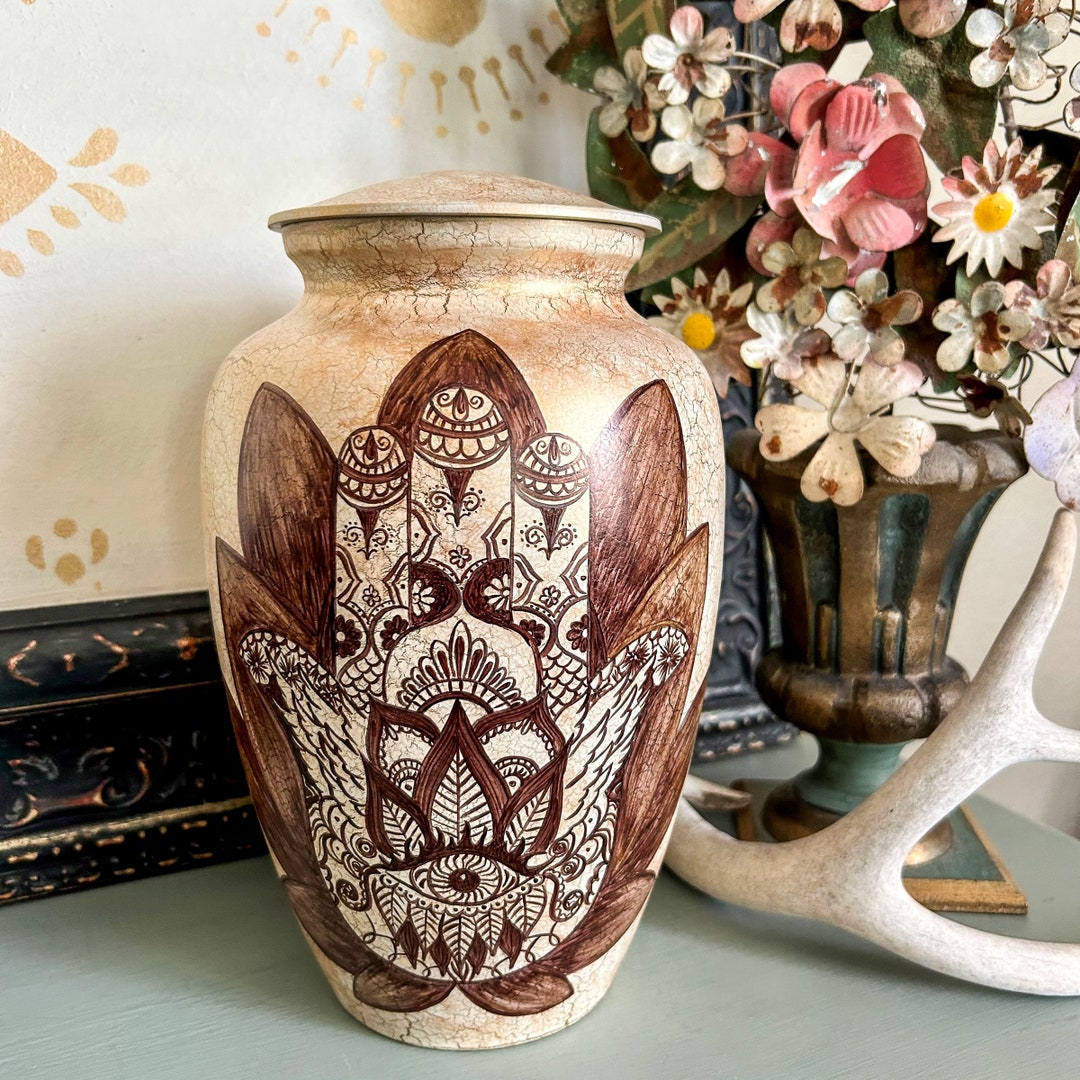 Hand Painted Hamsa Hand Cremation Urn: Boho Lotus Design - Etsy