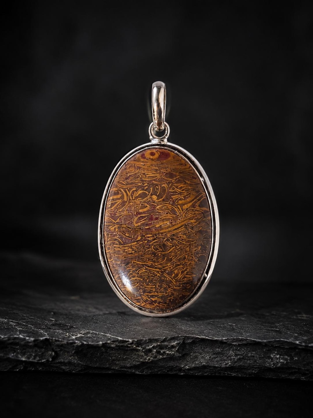 Native American Made Petrified Wood Cabochon Pendant in Sterling Silver ...
