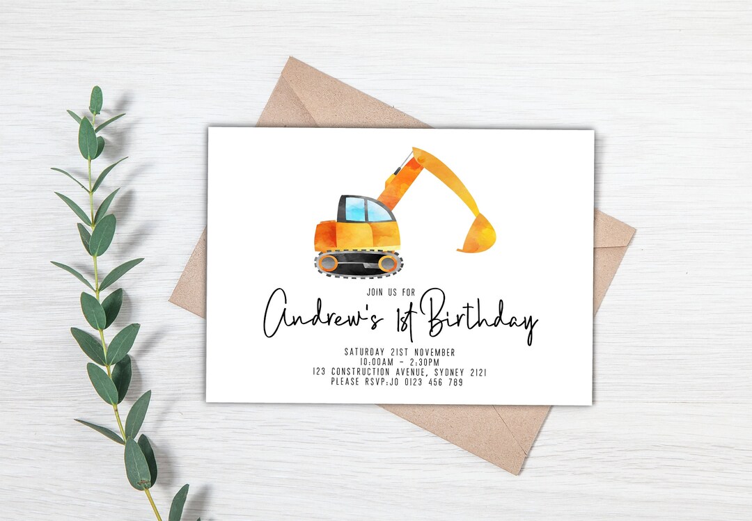 Construction Party Invitation. Excavator Party Invitation. Editable ...