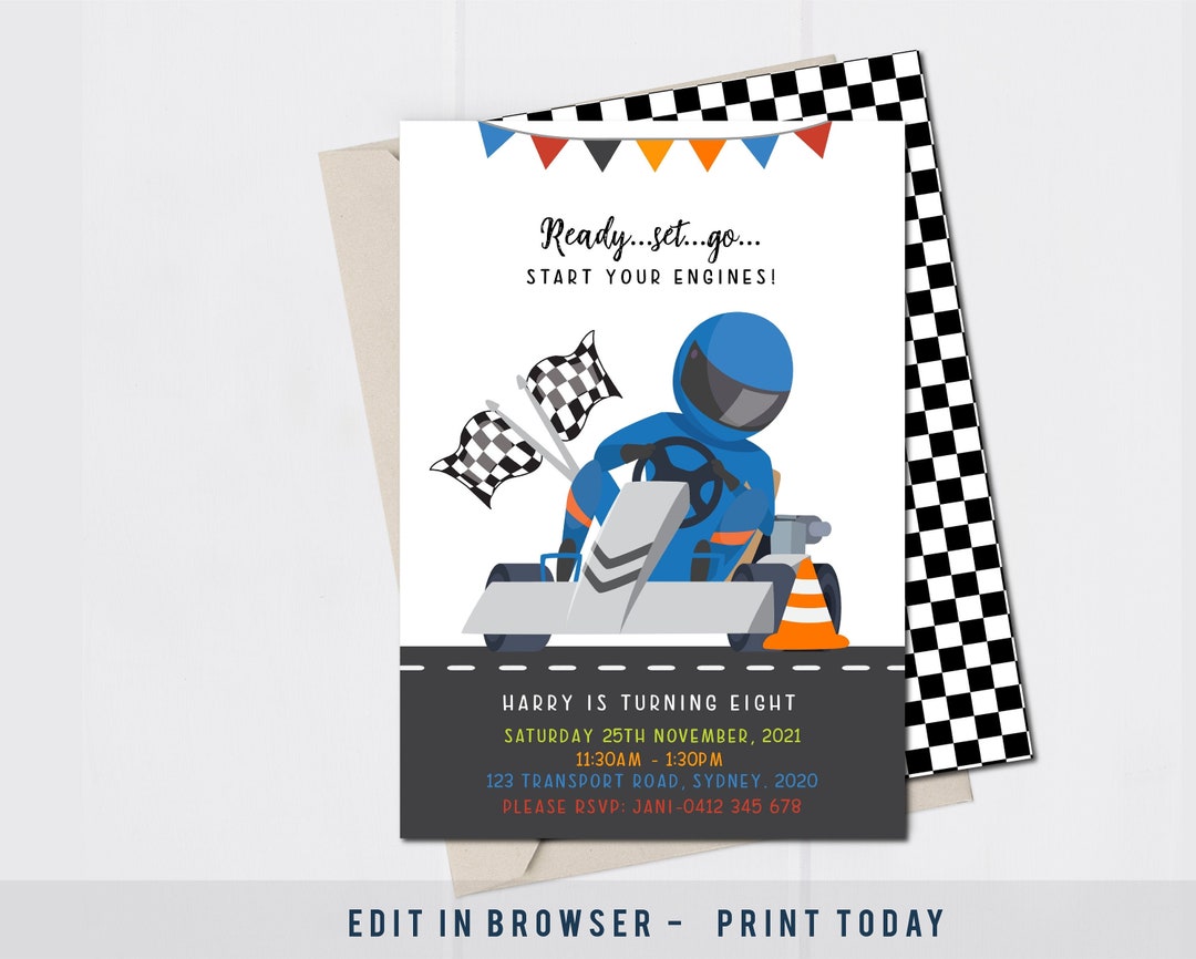 Go-kart Invitation. Karting Party. Customised Invitation. Personalised ...