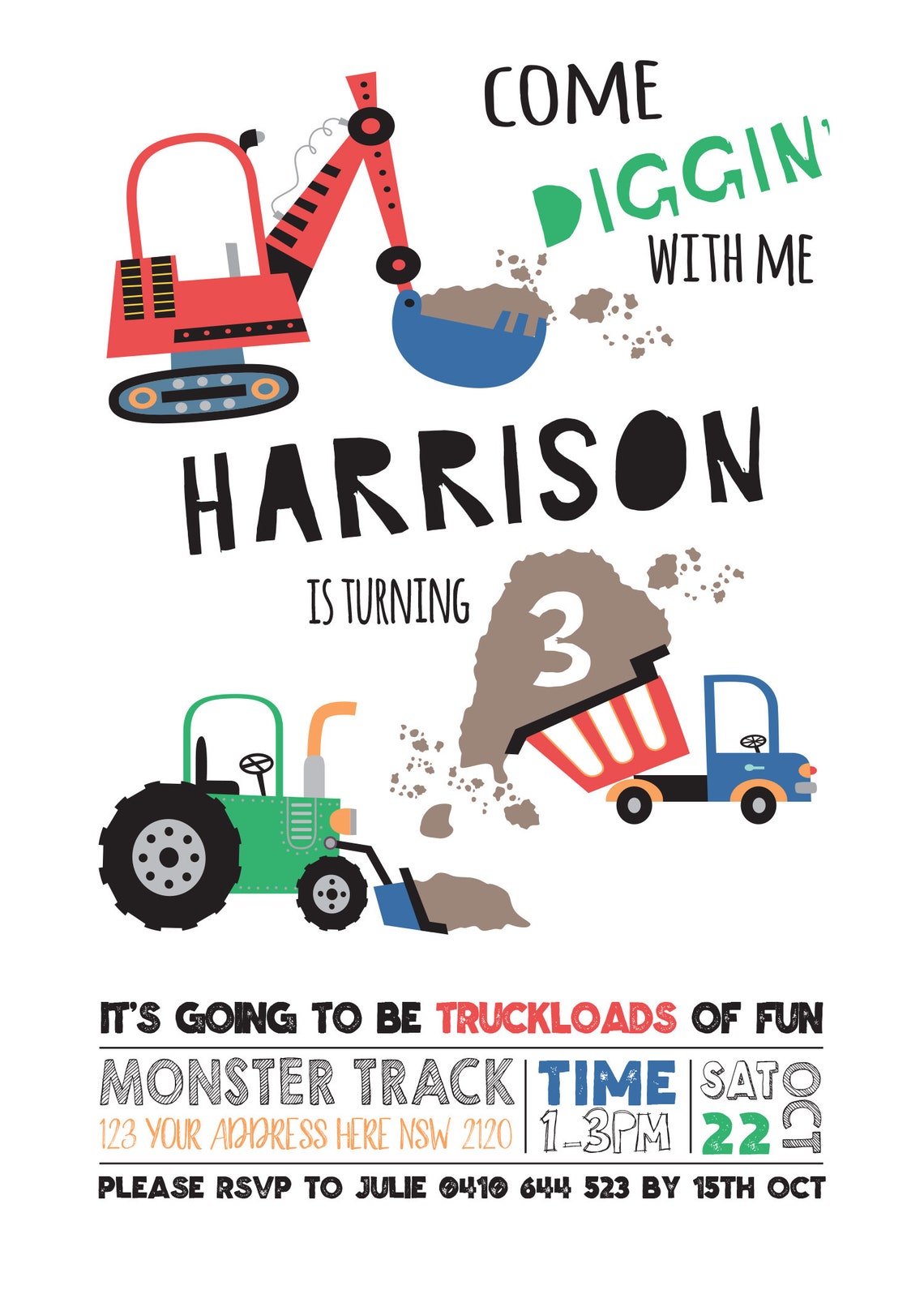 Digger Construction Invitation Printable. Trucks Birthday | Etsy