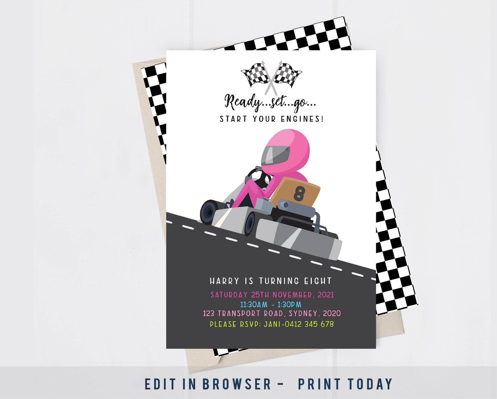 Go Kart Invitation. Karting Party. Customised Invitation. Pink | Etsy