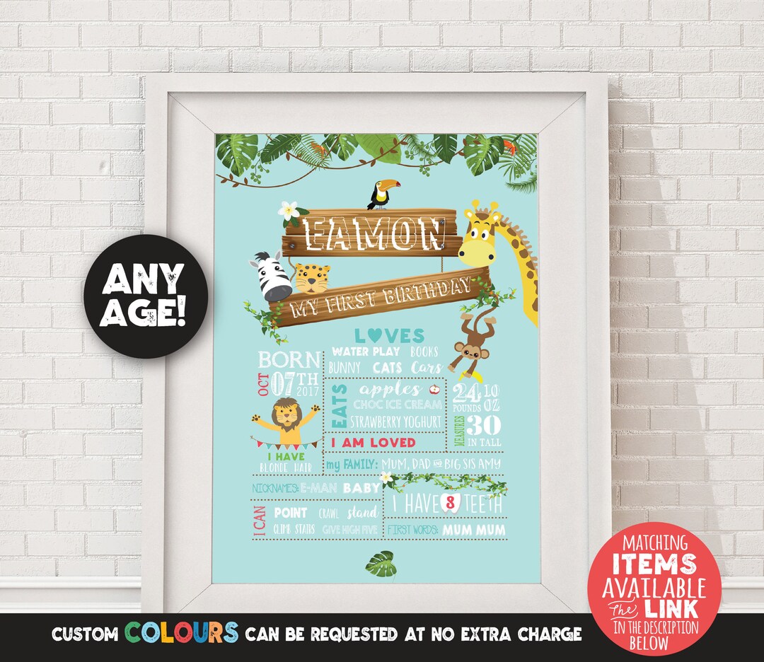 Jungle Safari Milestone Poster, Birthday Sign Boy Zoo Party. Customised ...