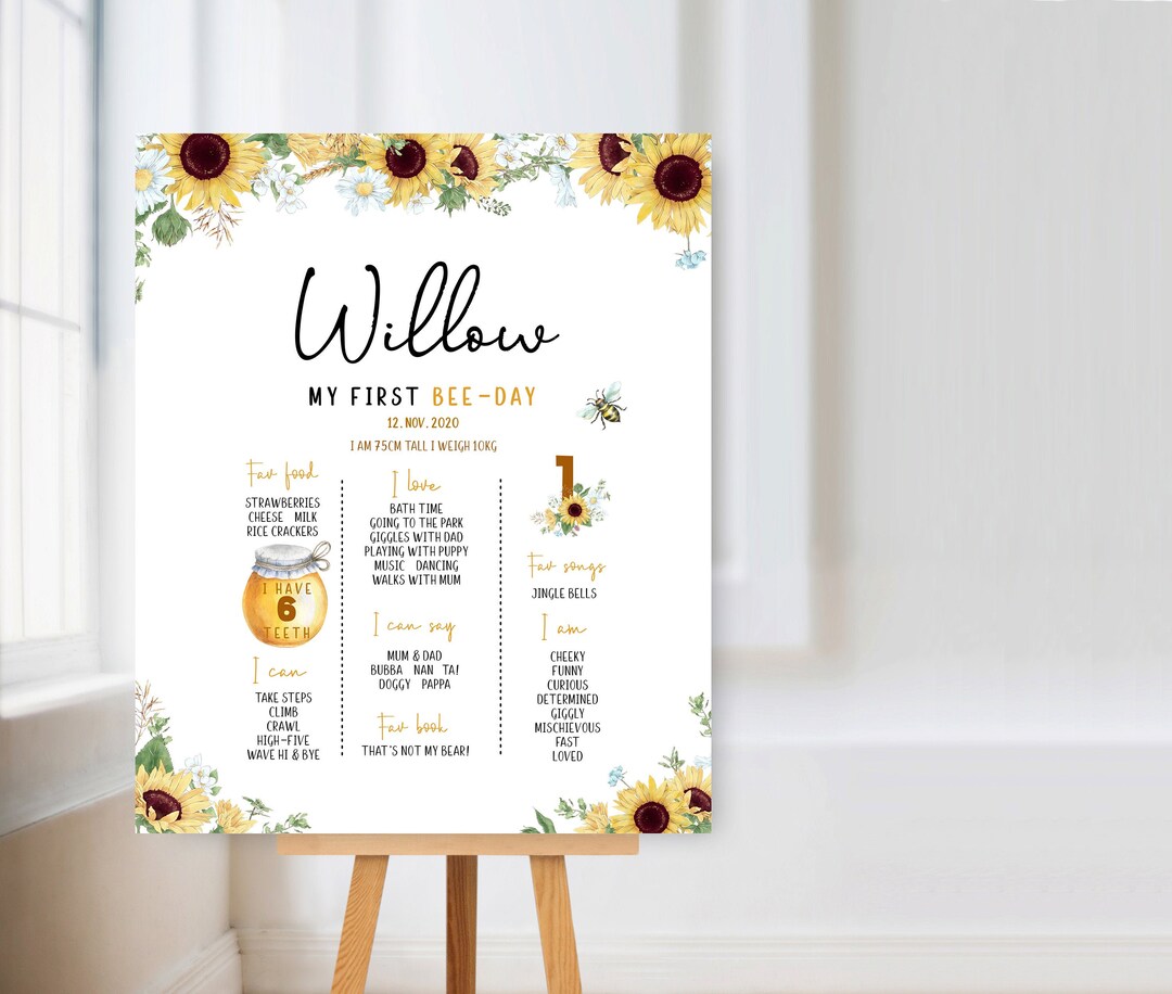 Bee Sunflower Birthday Milestone Poster. Bee Day. Editable Bee Day ...