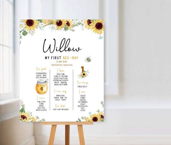 Bee Sunflower Birthday Milestone Poster. Bee Day. Editable Bee | Etsy