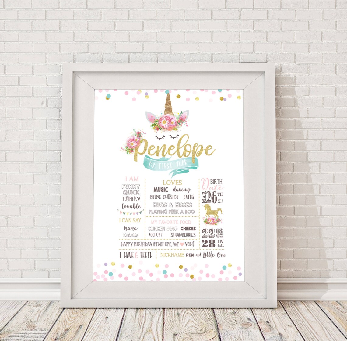 First Birthday Poster Printable Baby Girls First Birthday. - Etsy