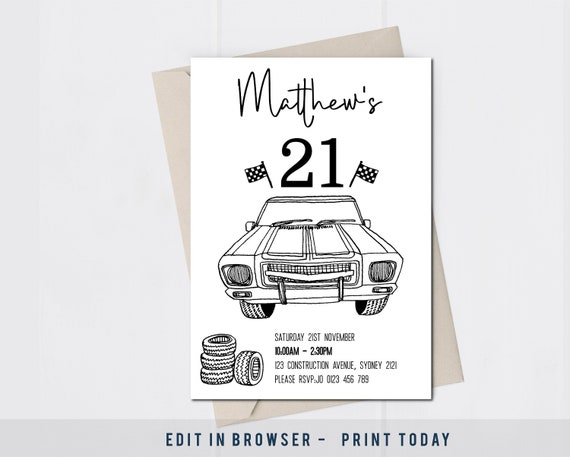 Car Invitation. Retro Car. 21st Birthday. Corjl Invitation. | Etsy