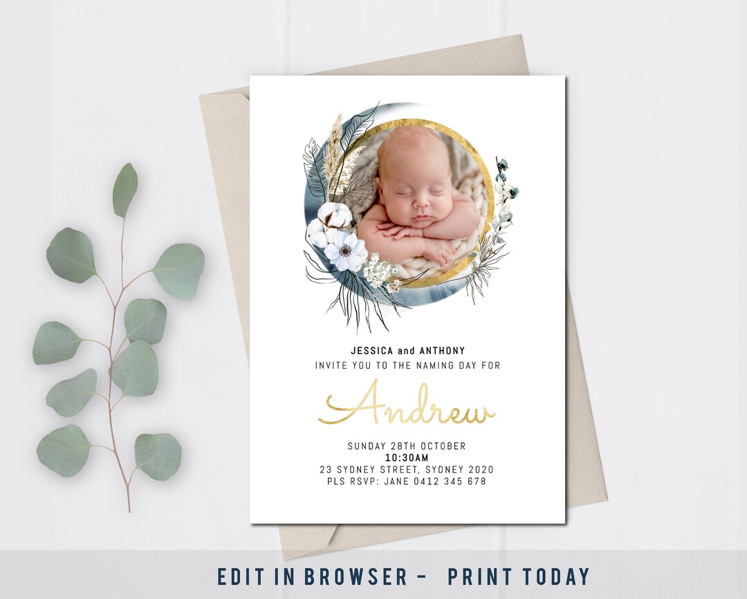 Naming Day Invitation INSTANT DOWNLOAD Printable. Moon Flower - Etsy
