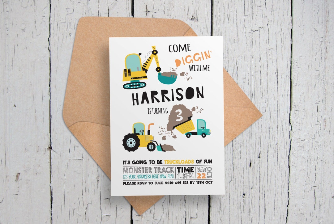 Digger Construction Invitation Printable. Trucks Birthday Party. Any ...
