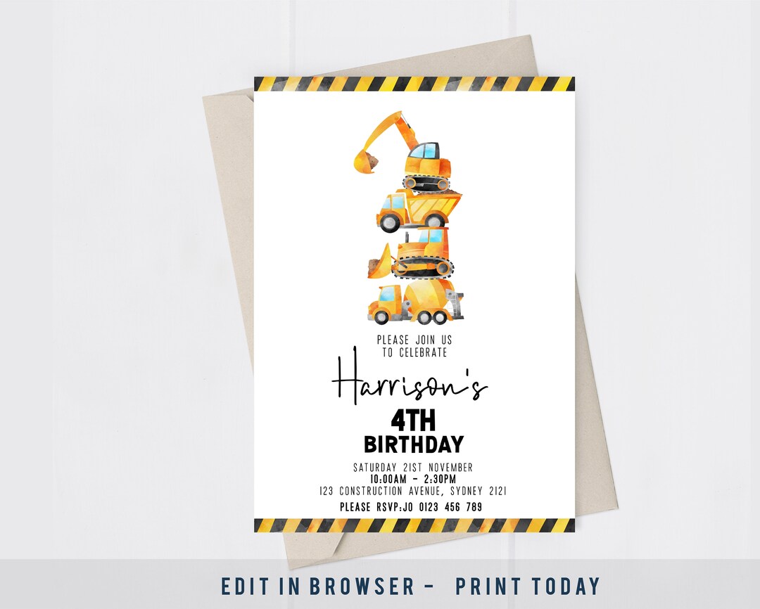 Construction Truck Party Invitation. Vehicle Party Invitation. Editable ...