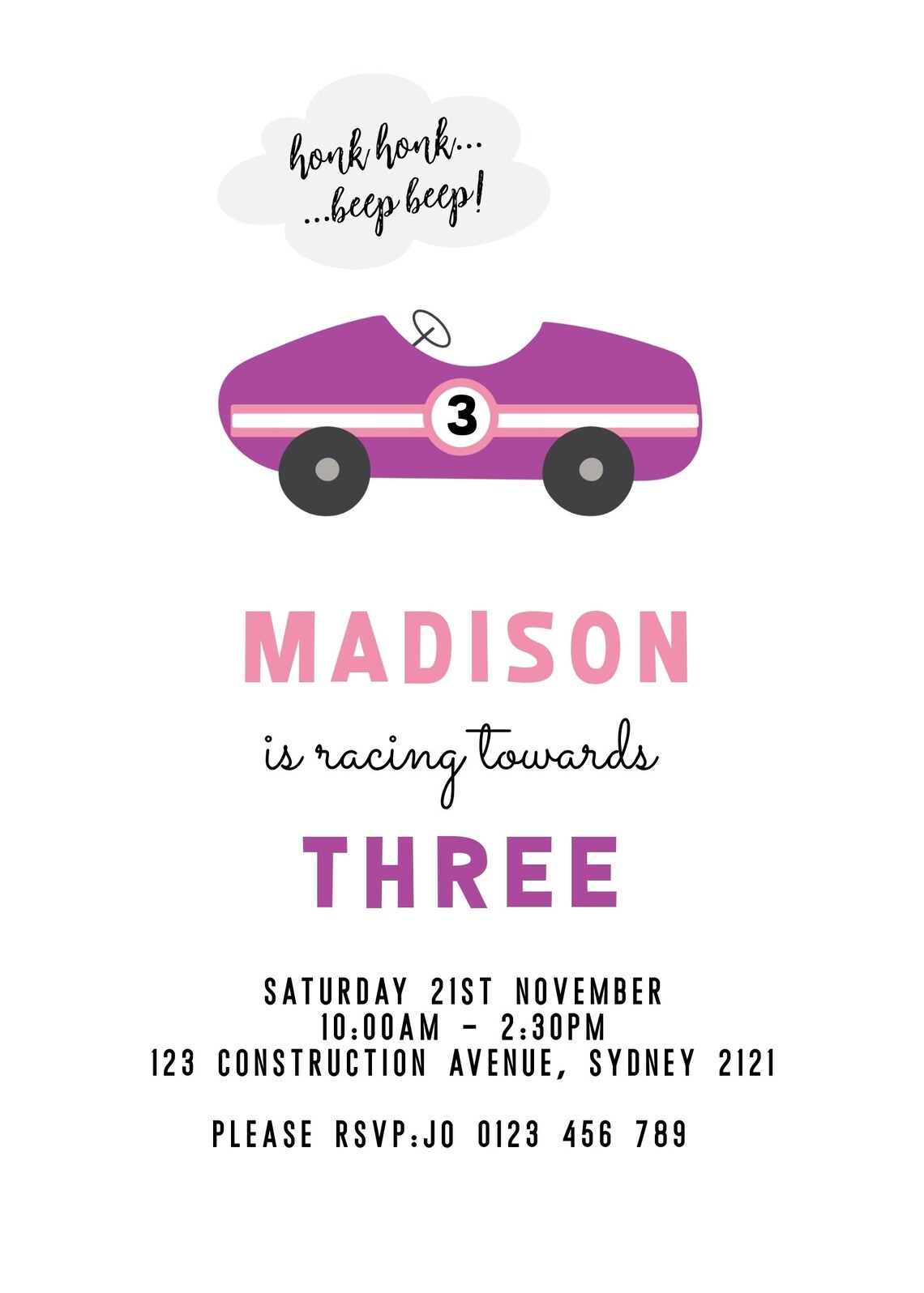 Pink race car birthday invitation. Minimalist modern | Etsy