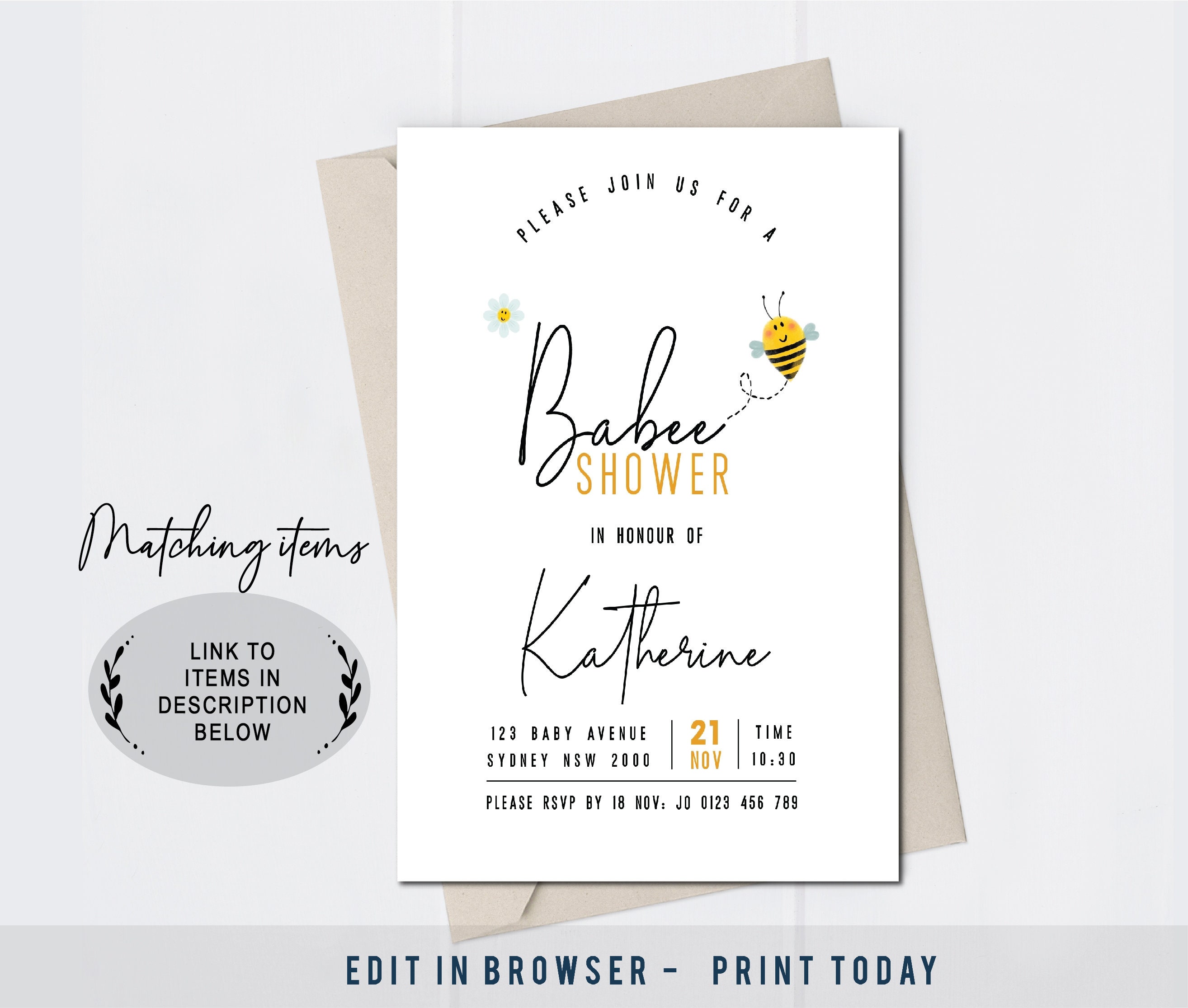 Bee baby shower invitation. Babee shower. Editable beeday | Etsy