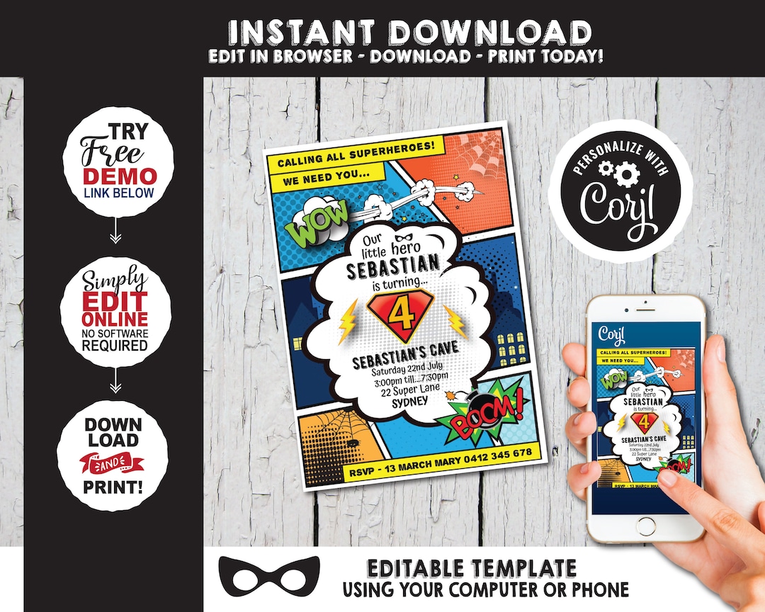 Superhero Invitation INSTANT DOWNLOAD Printable. Hero Party Invitation ...