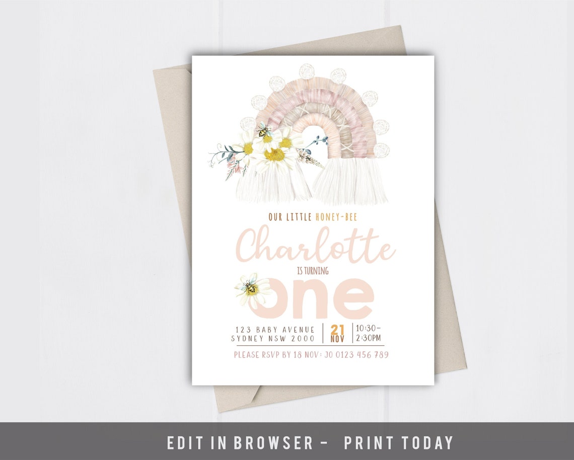 Rainbow Bee Invitation. Boho Bee Floral Invitation. Editable - Etsy