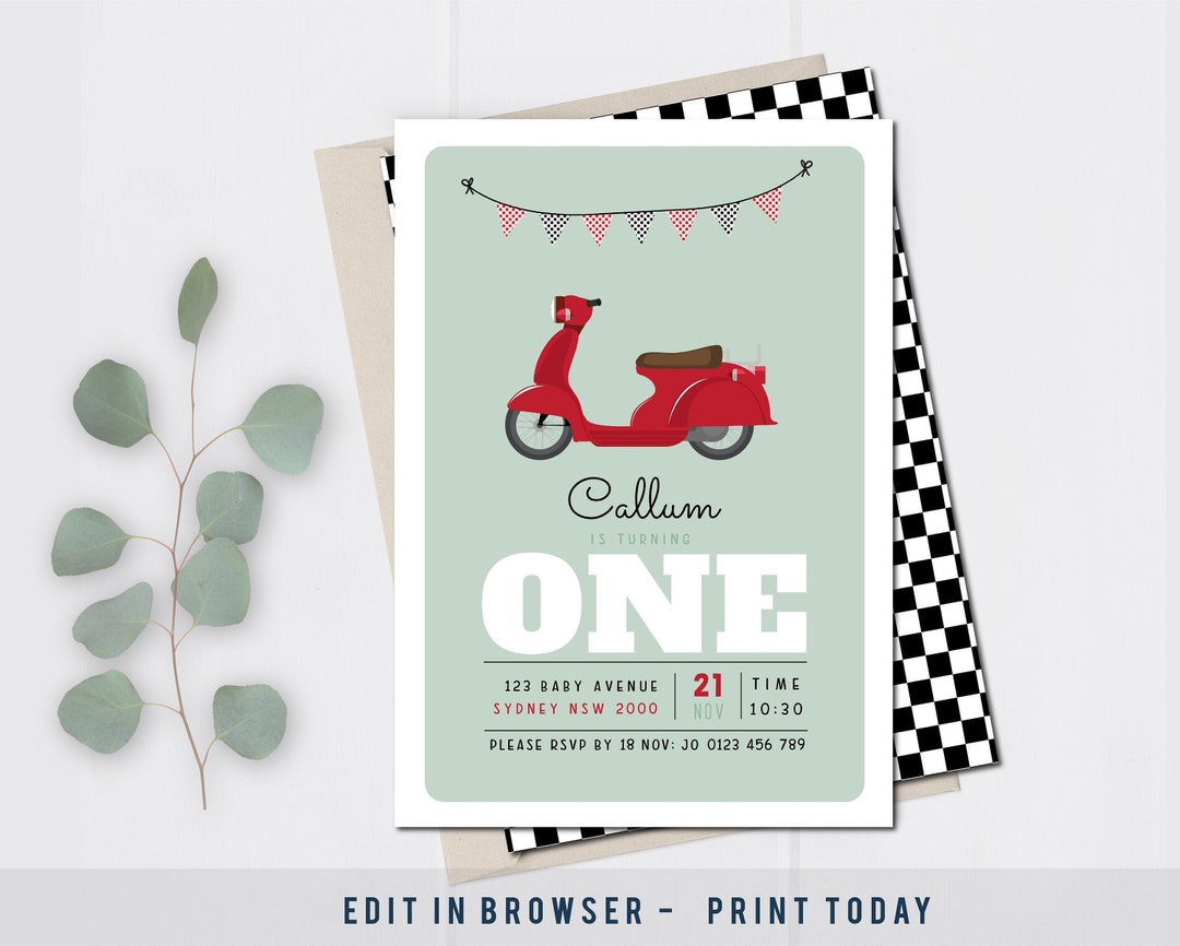 Scooter Invitation. Retro Scooter, Vespa. Vintage Minimalist Birthday ...
