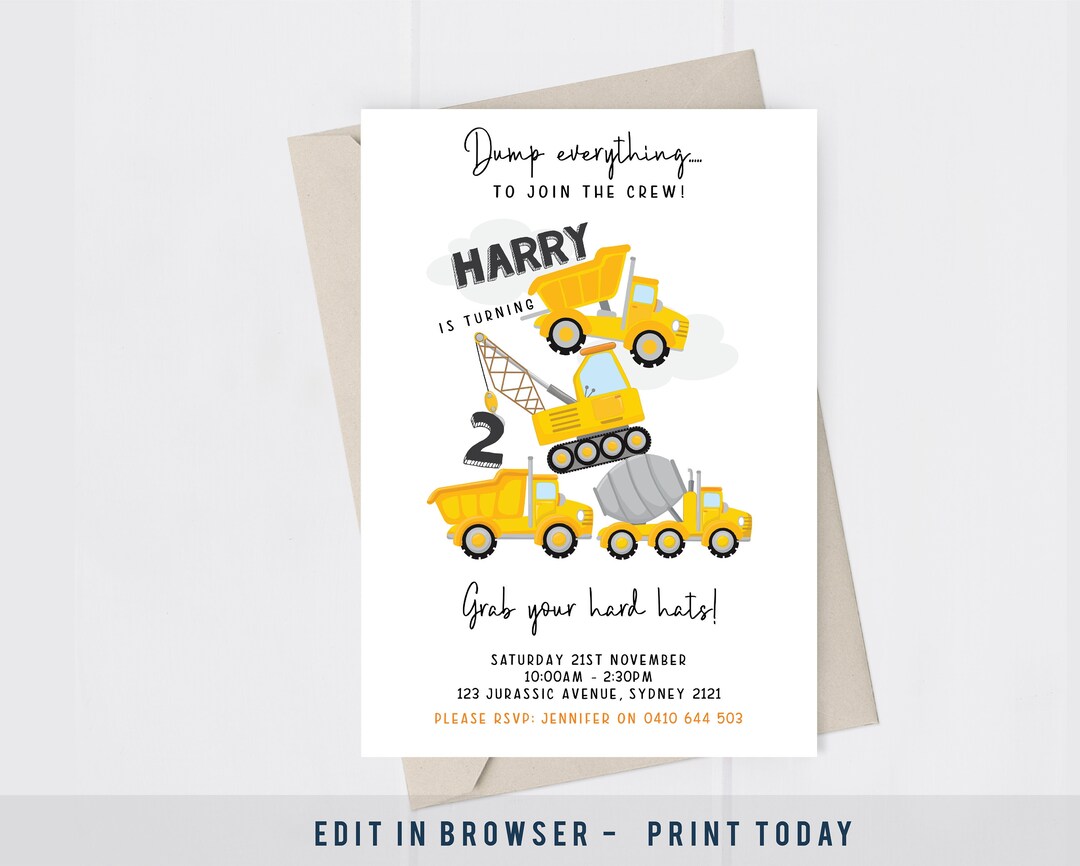 Construction Invitation. Truck Party Invitation. Construction Vehicles ...