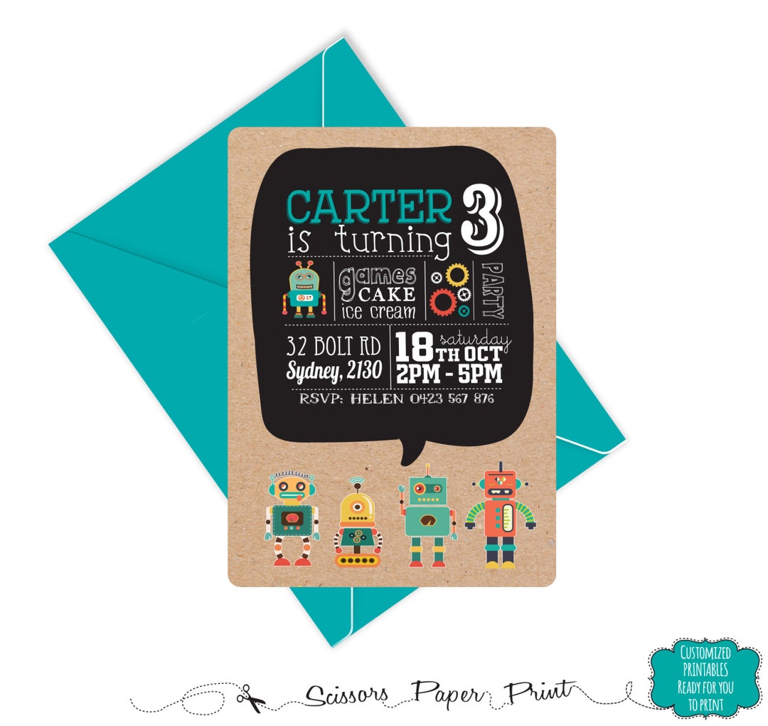 Robot Party Invitation, Printable Retro Robot Birthday Invitation ...