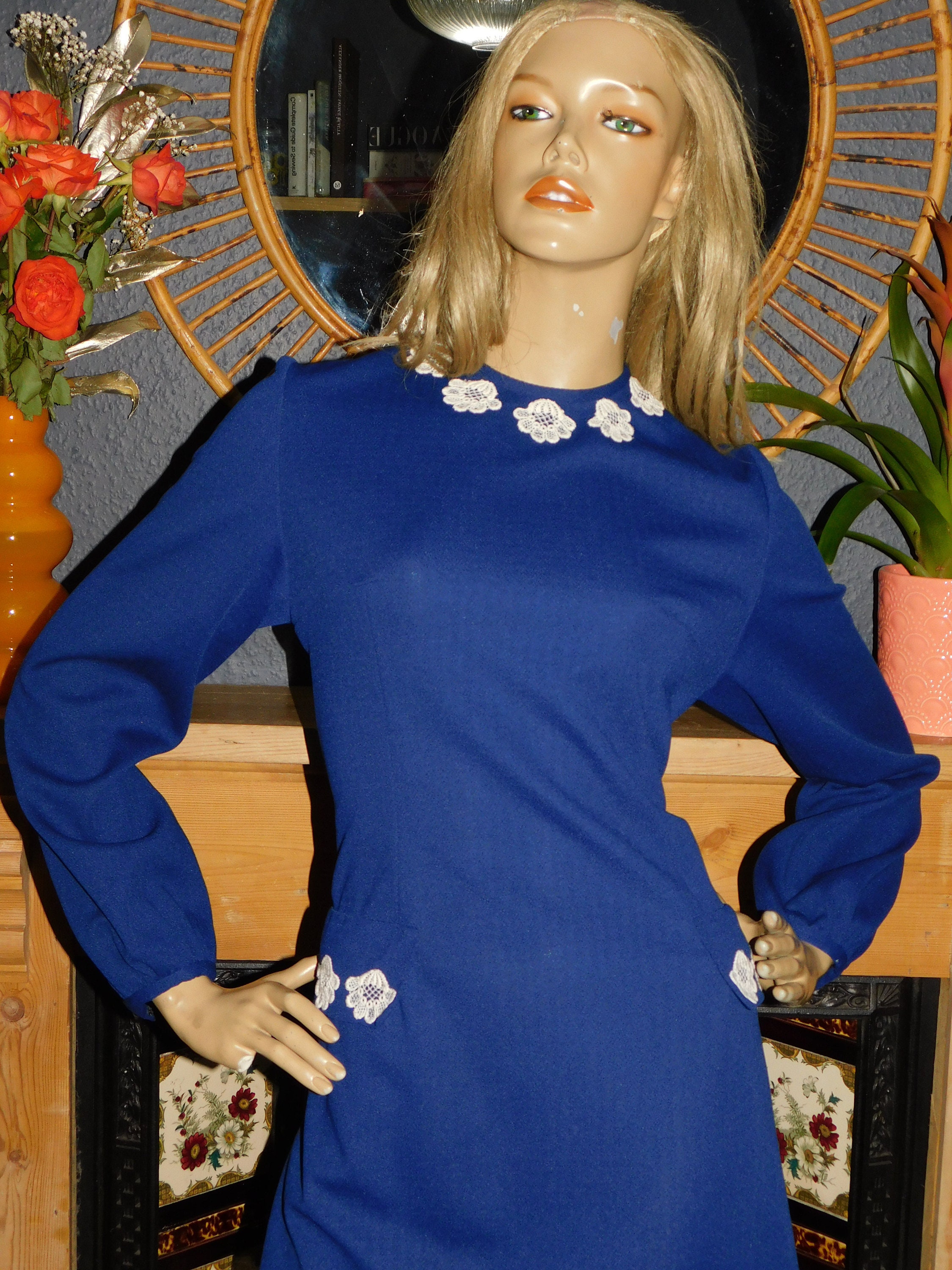 Vintage 1960s Navy White CROCHET Trim MOD Scooter Dress 12 M 60s Modette