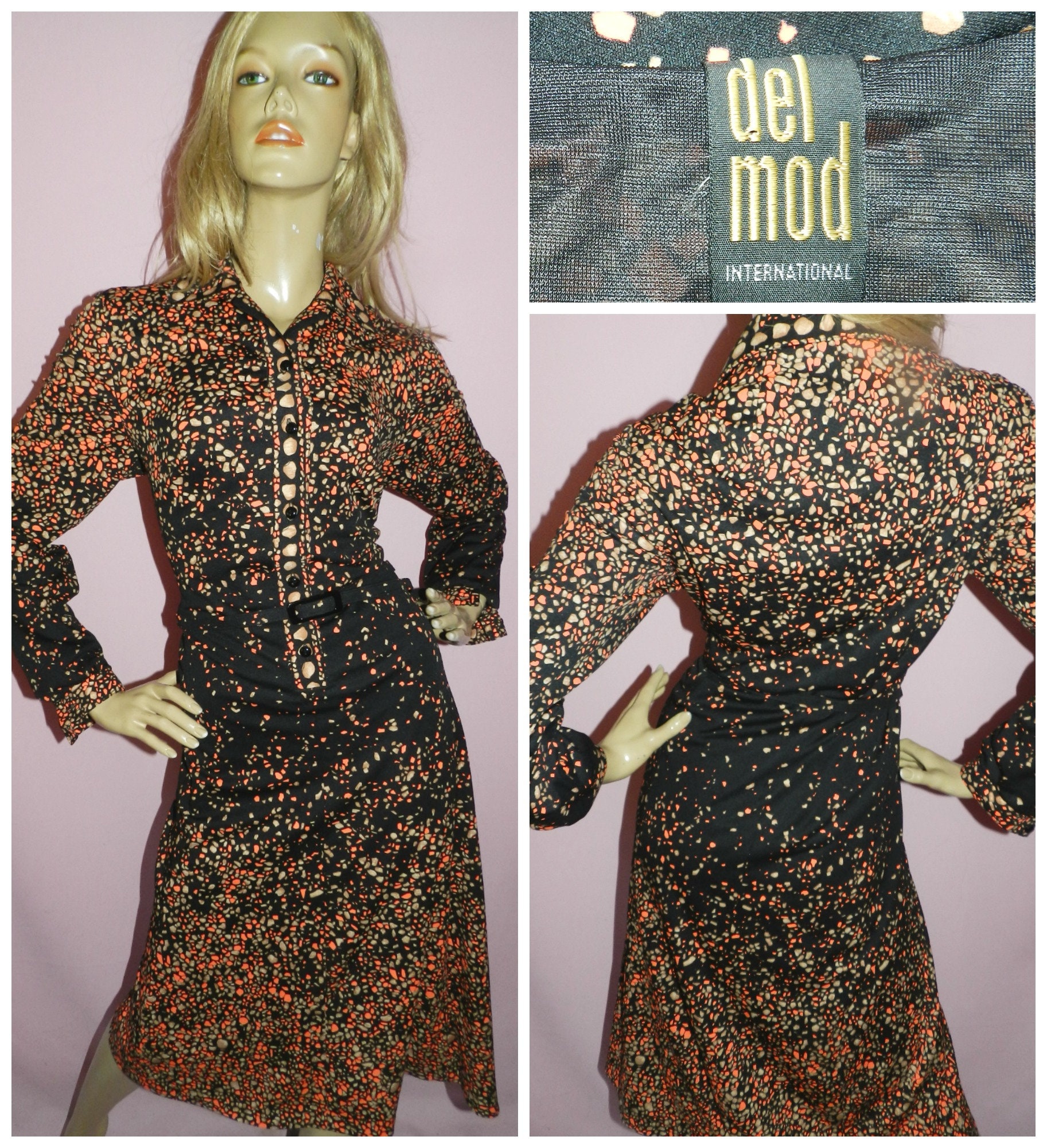 Vintage 60s OP ART Black Nude Orange PEBBLE Print Mod Scooter dress 14 ...
