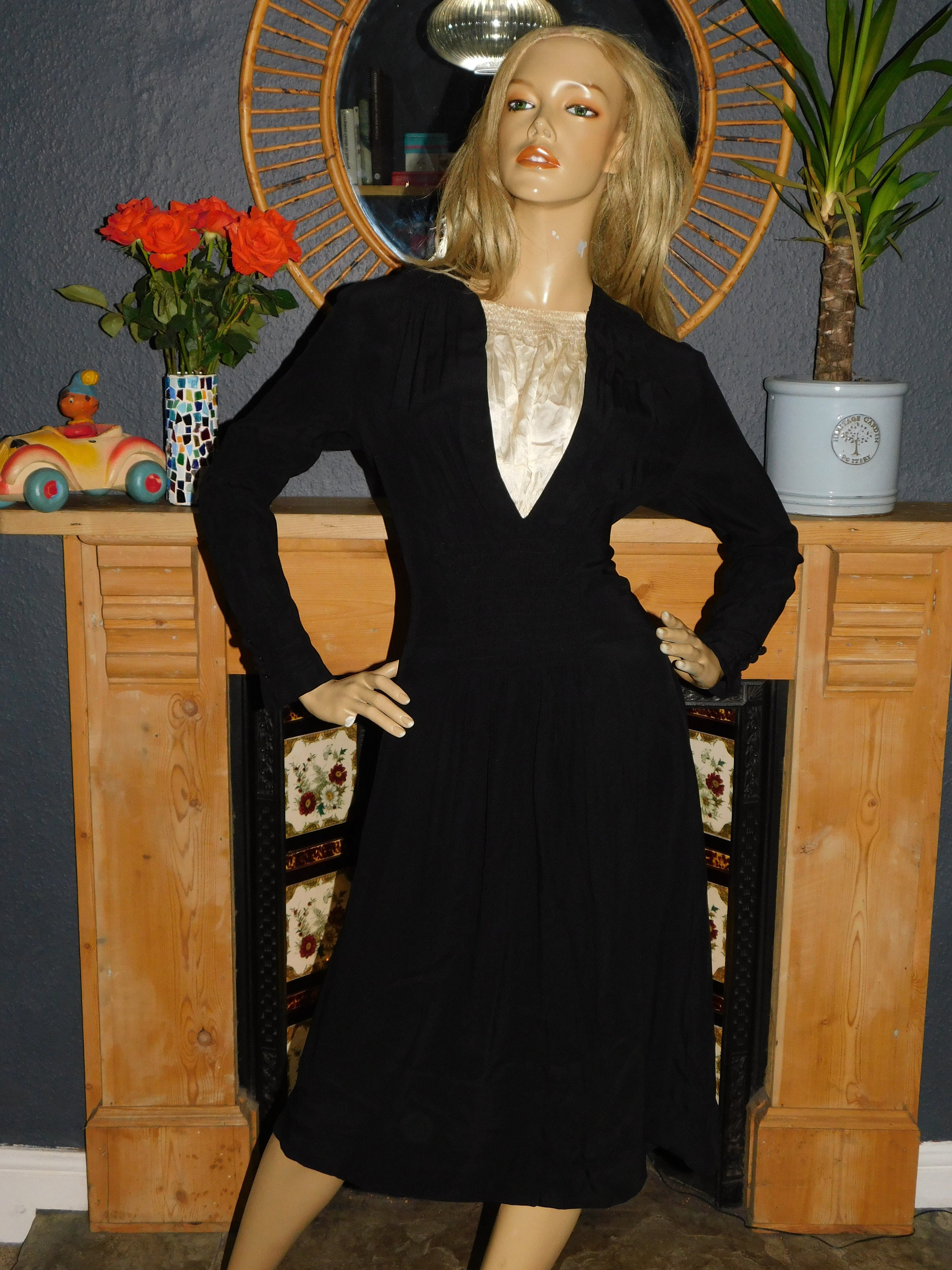 Vintage 30s Black Cream SMOCKED Detail TUXEDO Dress 14 M 1930s Gothic ...