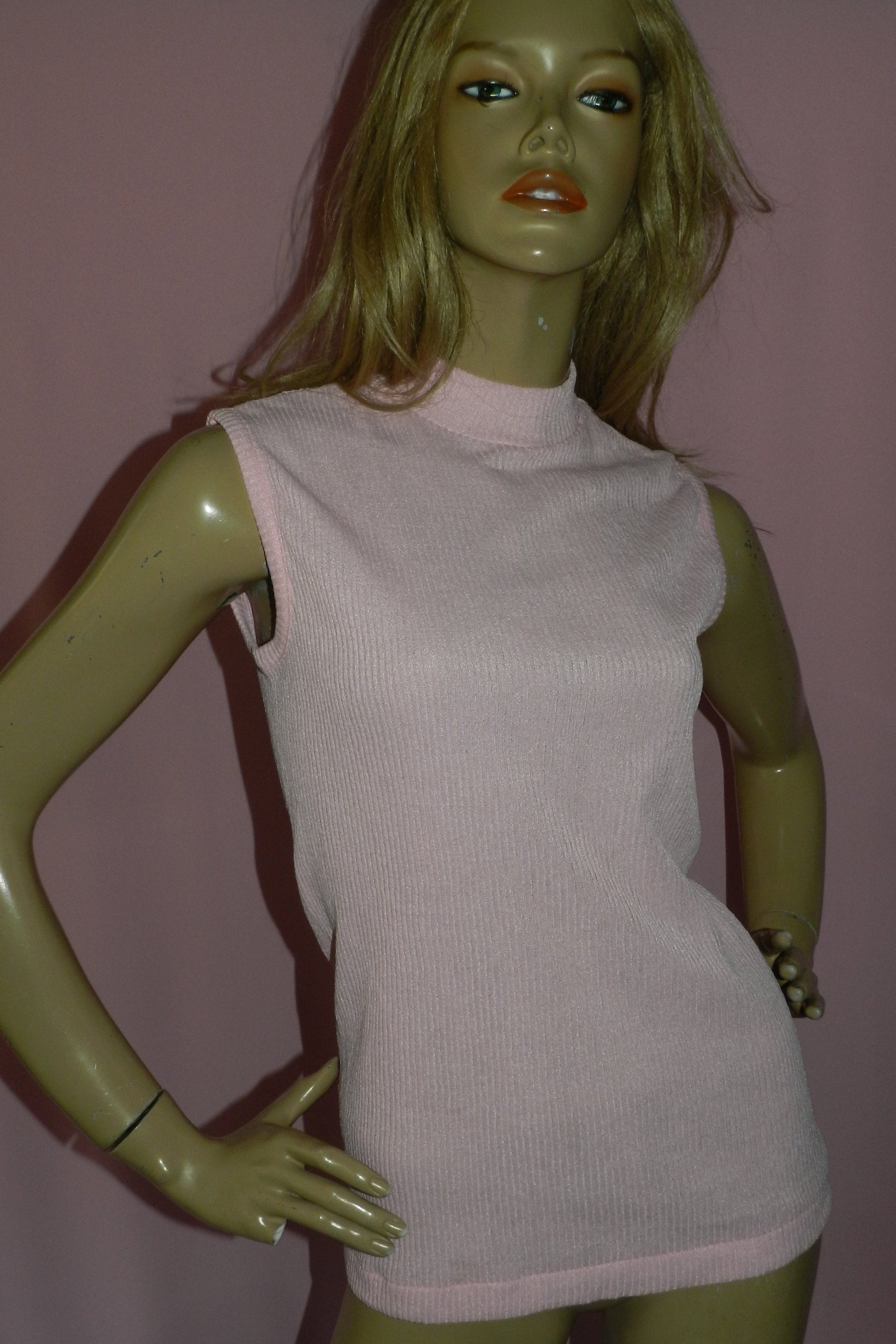 Vintage 60s 70s BABY PINK RIBBED Tank Top 10-12 S M 1960s 1970s Kitsch ...