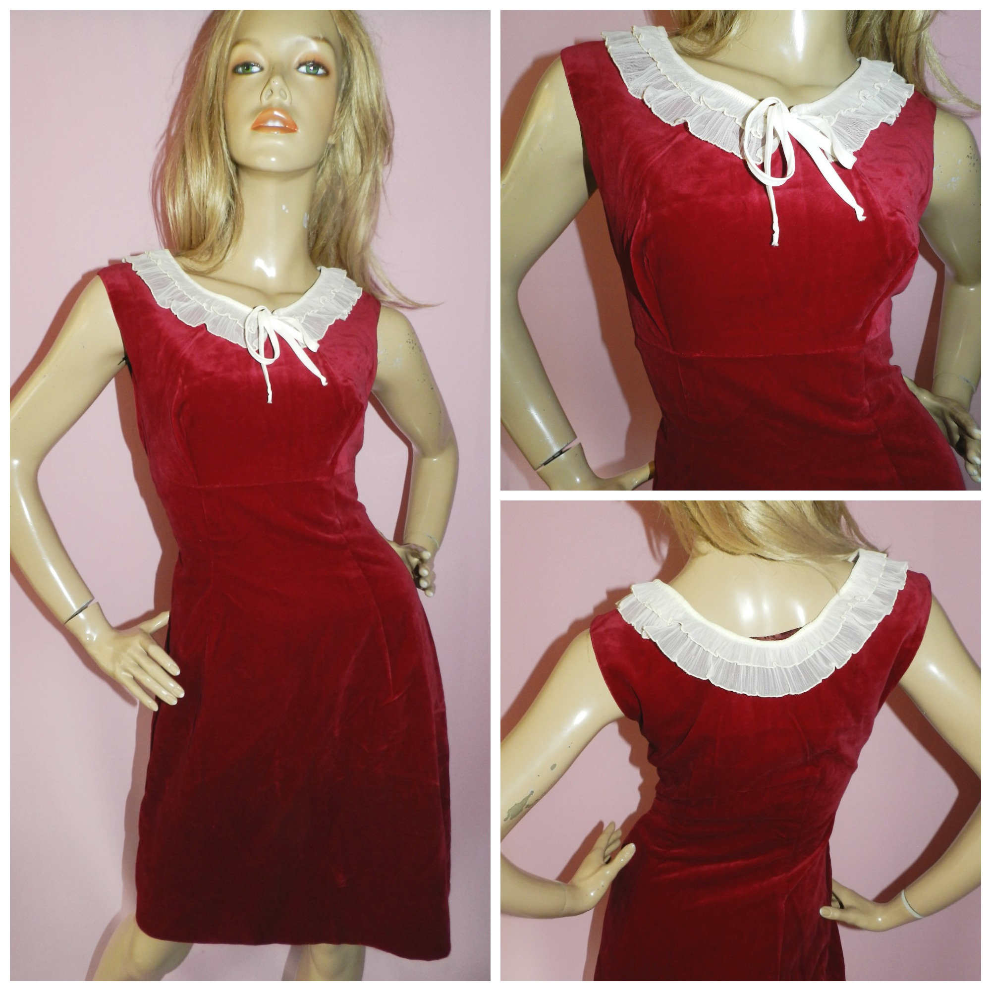 Vintage 60s Red VELVET White RUFFLE Collar Dolly MOD Mini Cocktail ...