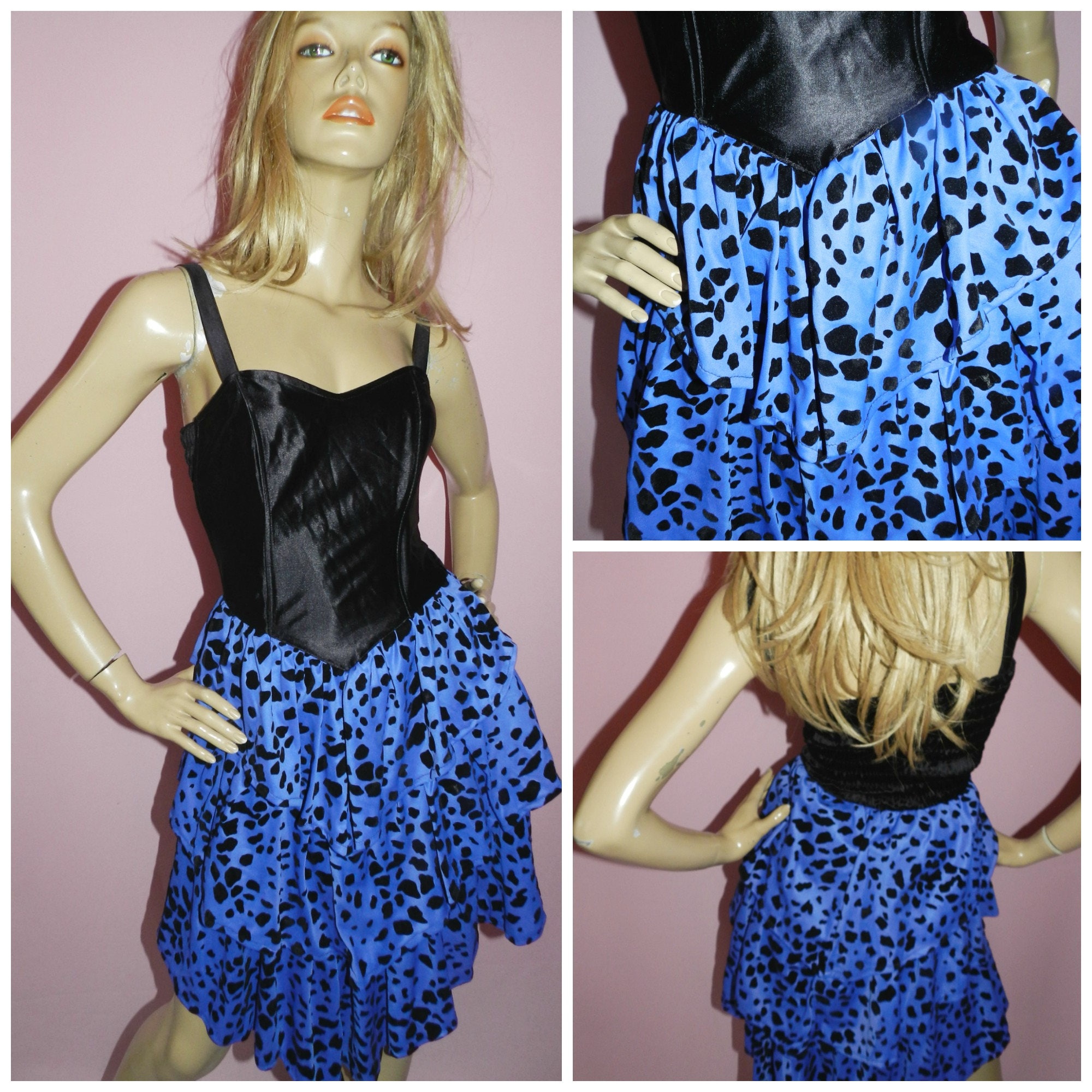 Vintage 1980s Black Electric blue TRASHY Wet Look RaRa Prom Party dress ...