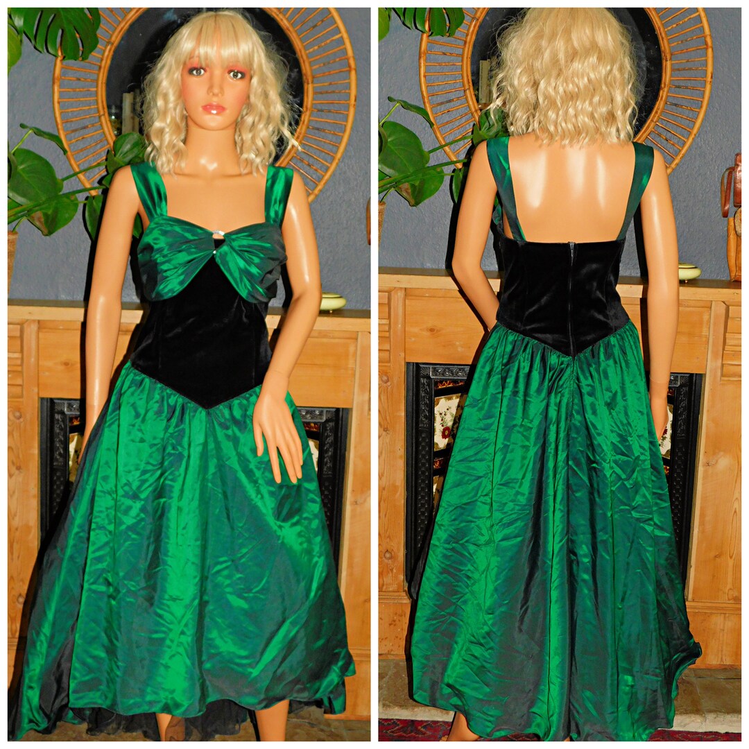 Vintage 80s EMERALD Green Black STARLET Prom Party Dress 12 14 M 1980s ...
