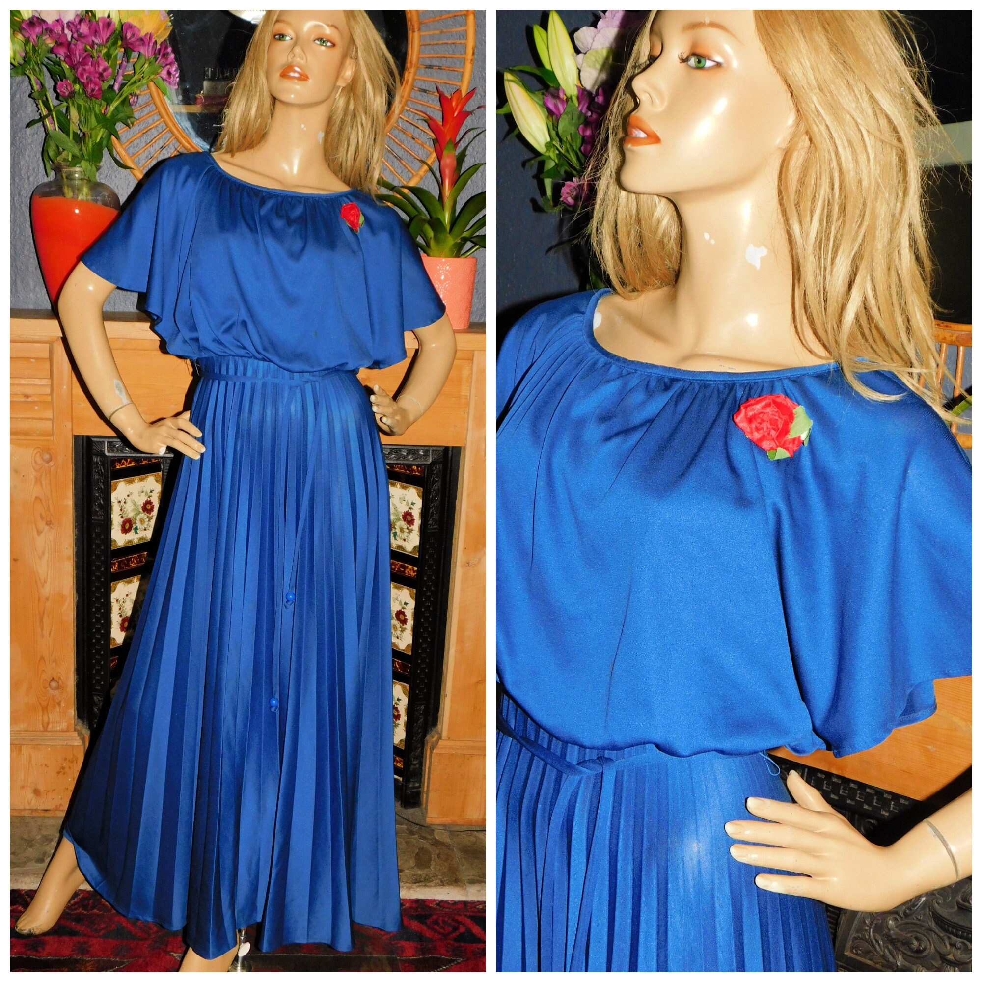 Vintage 70s DUSKY Petrol Blue Accordion Pleated FLUTTER Cape Maxi ...