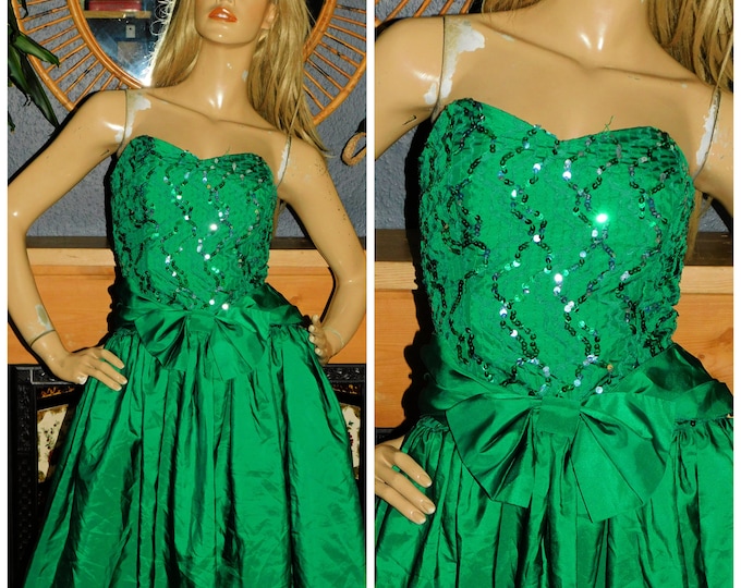 Vintage 80s Emerald Green Strapless BOW Front Prom Party Dress 8 S ...