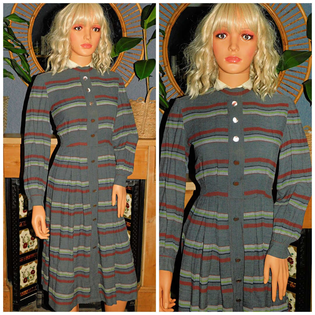 Vintage 50s Grey STRIPED SECRETARY Day Dress 12-14 1950s Mid Century ...