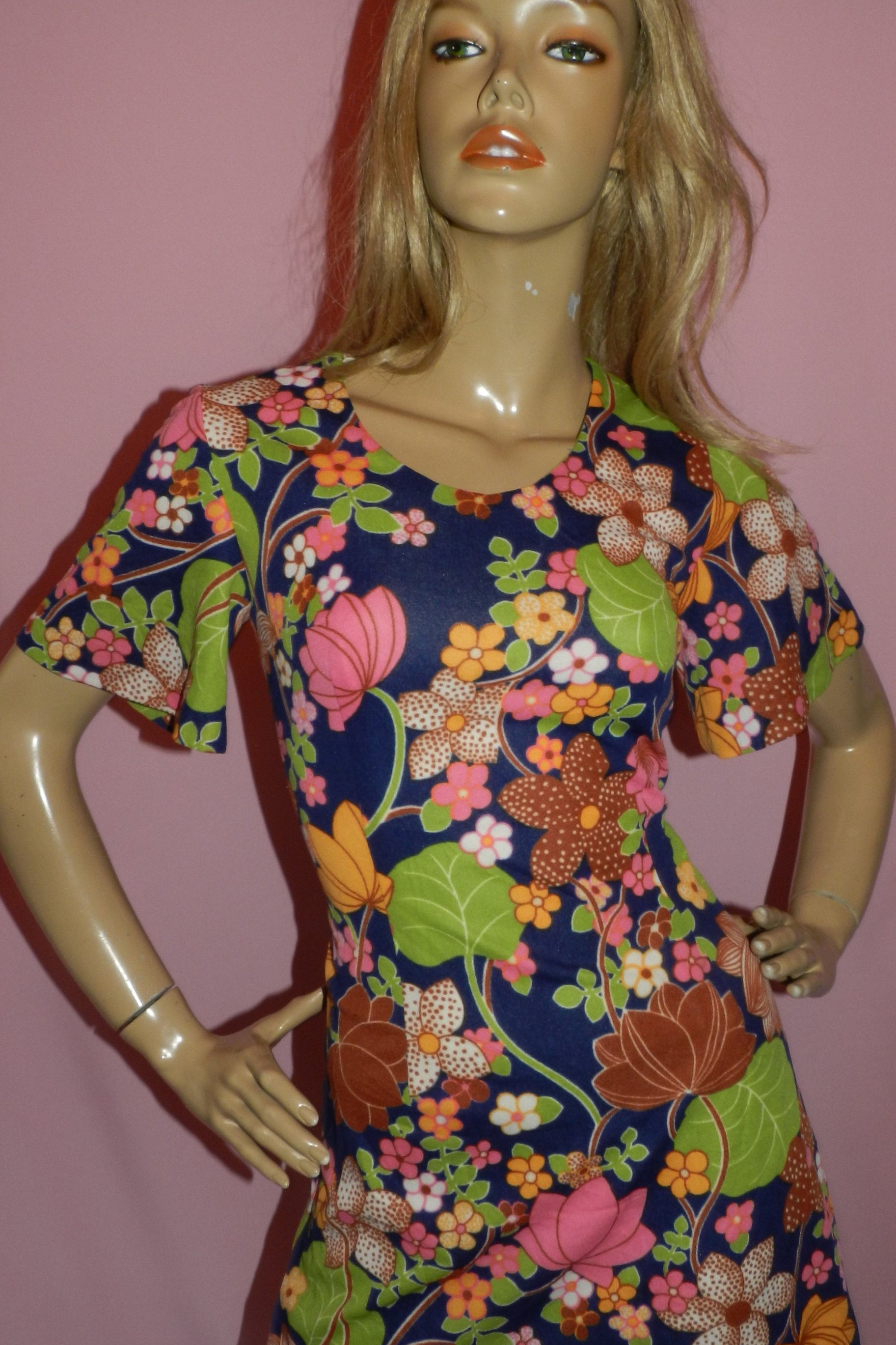 Vintage 60s Multicoloured Floral PSYCHEDELIC MOD SCOOTER Dress 10 S ...