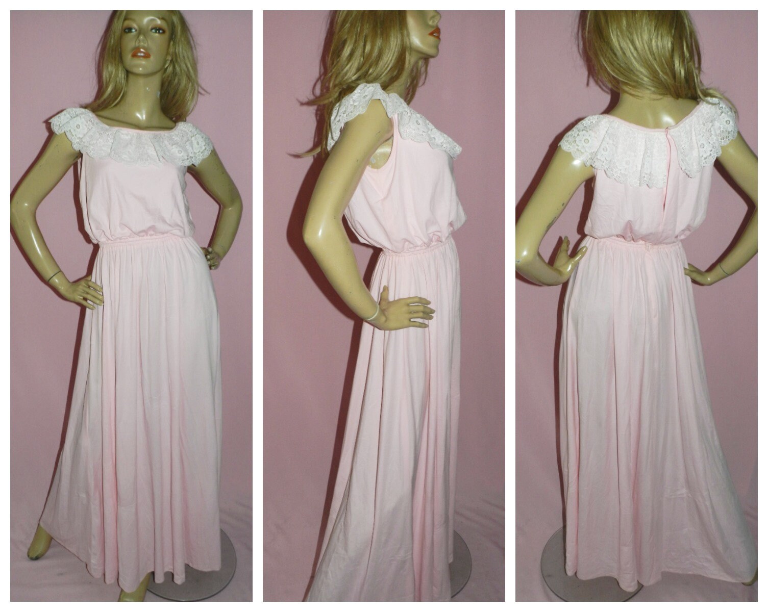 Vintage 70s BABY PINK LACE Trim Goddess maxi dress 8 Xs S 1970s