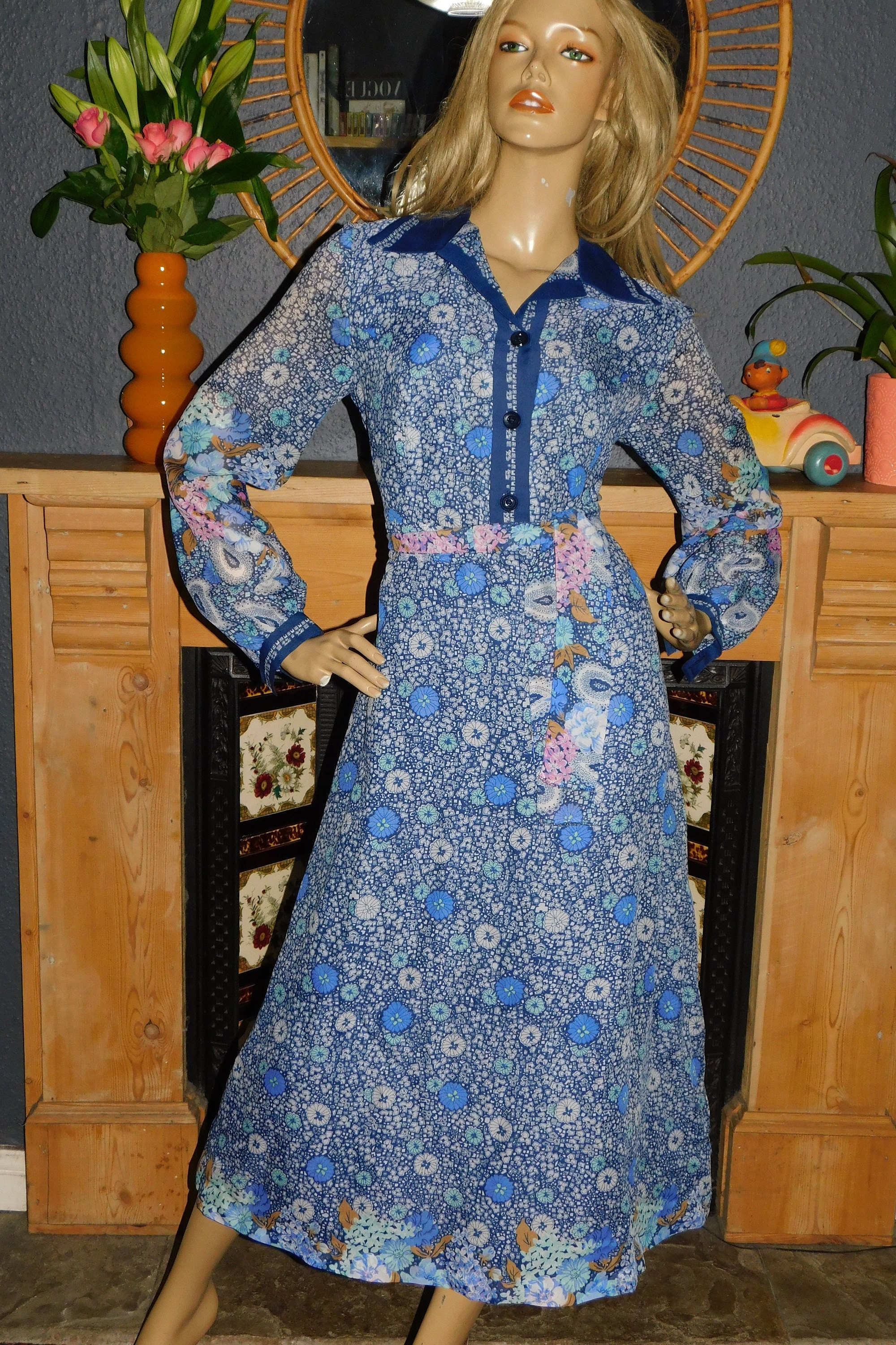 Vintage 70s Blue Multicoloured FLORAL PAISLEY Midi Day Dress 14 M 1970s