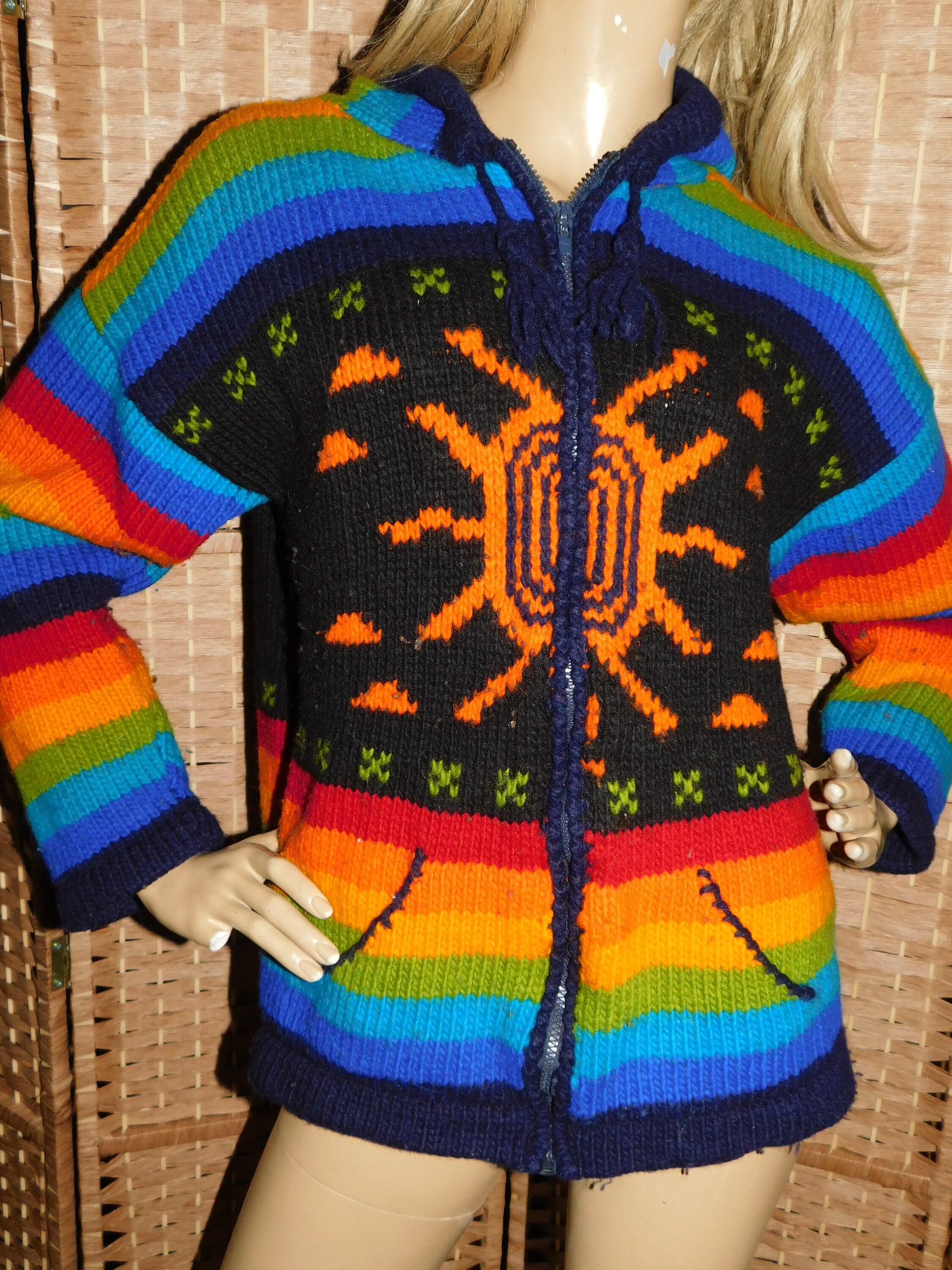 Vintage 90s GRUNGE Multicoloured HIPPY Hooded Cardigan M 1990s Geek ...