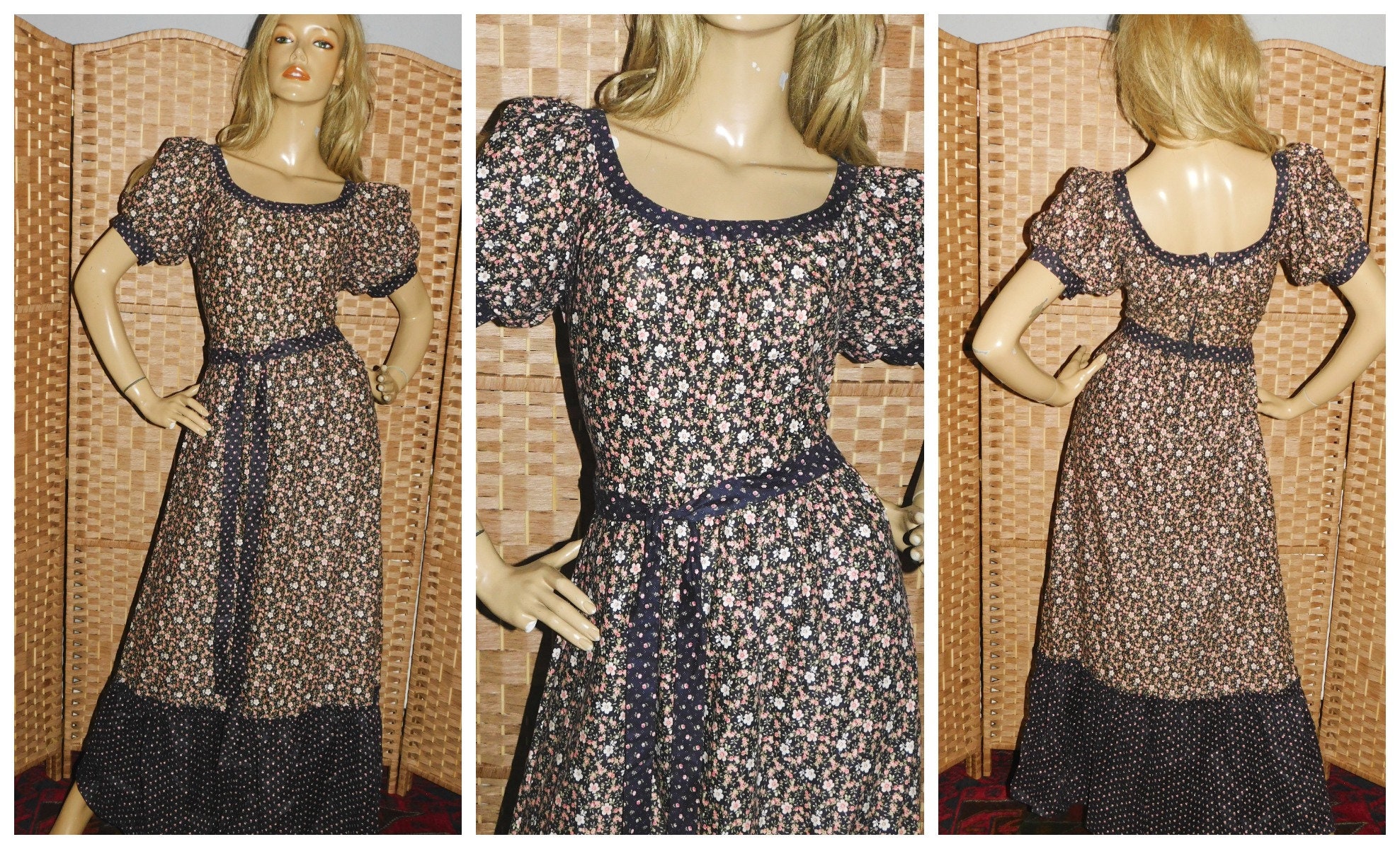 Vintage 70s BOHEMIAN Contrast DITSY Floral PRAIRIE Maxi Dress 10-12 S M ...