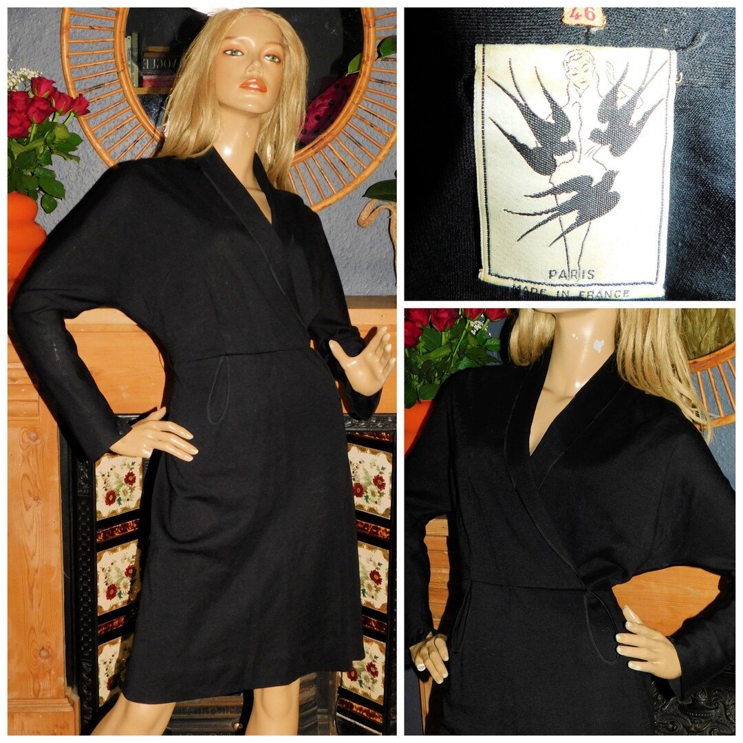 Vintage 50s Black SECRETARY Hourglass WIGGLE Day Dress 14 M 1950s Pin ...