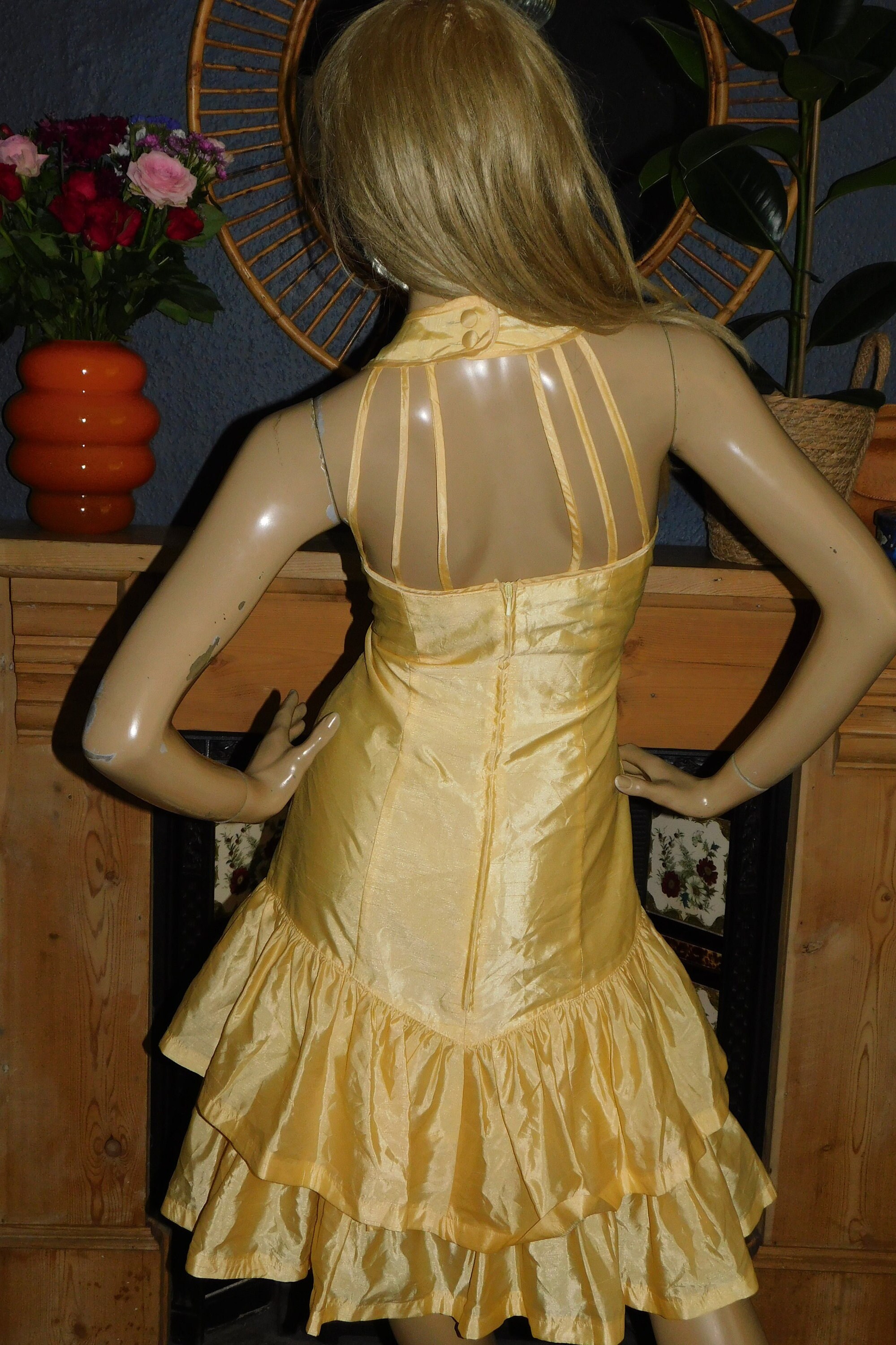 Vintage 80s Yellow Gold TUXEDO CAGED Drop Waist RARA Prom Party Dress ...