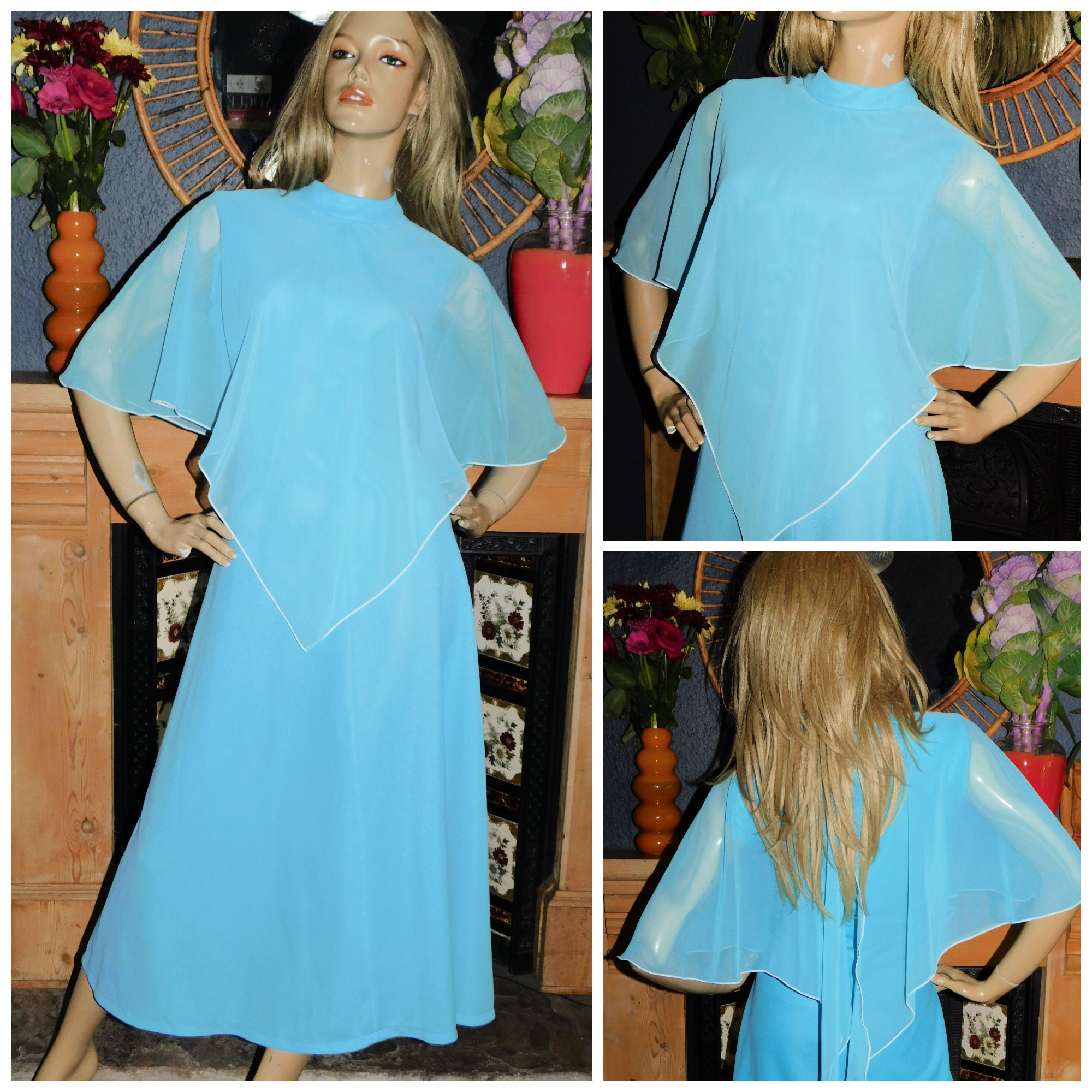 Vintage 70s SKY Blue ANGEL Cape Midi GODDESS Dress 12-14 M 1970s Kitsch ...
