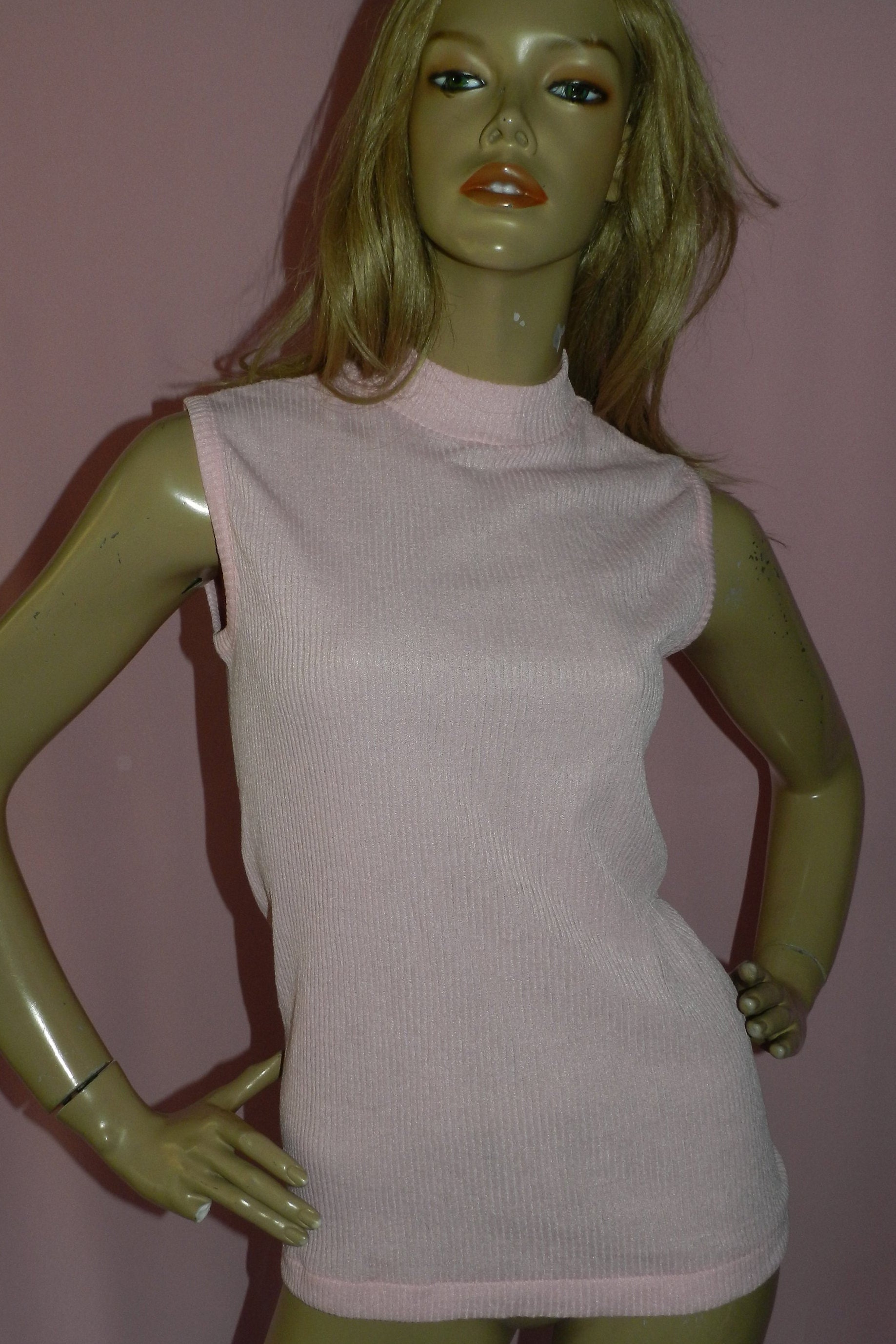 Vintage 60s 70s BABY PINK RIBBED Tank Top 10-12 S M 1960s 1970s Kitsch ...