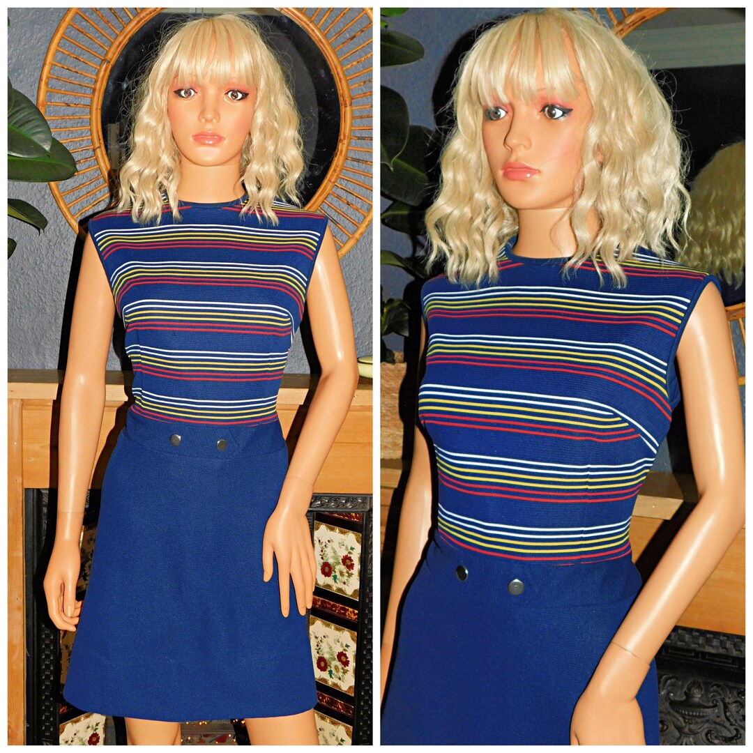Vintage 60s Navy Red Yellow STRIPED MOD Mini Dress 12-14 M 1960s Kitsch ...