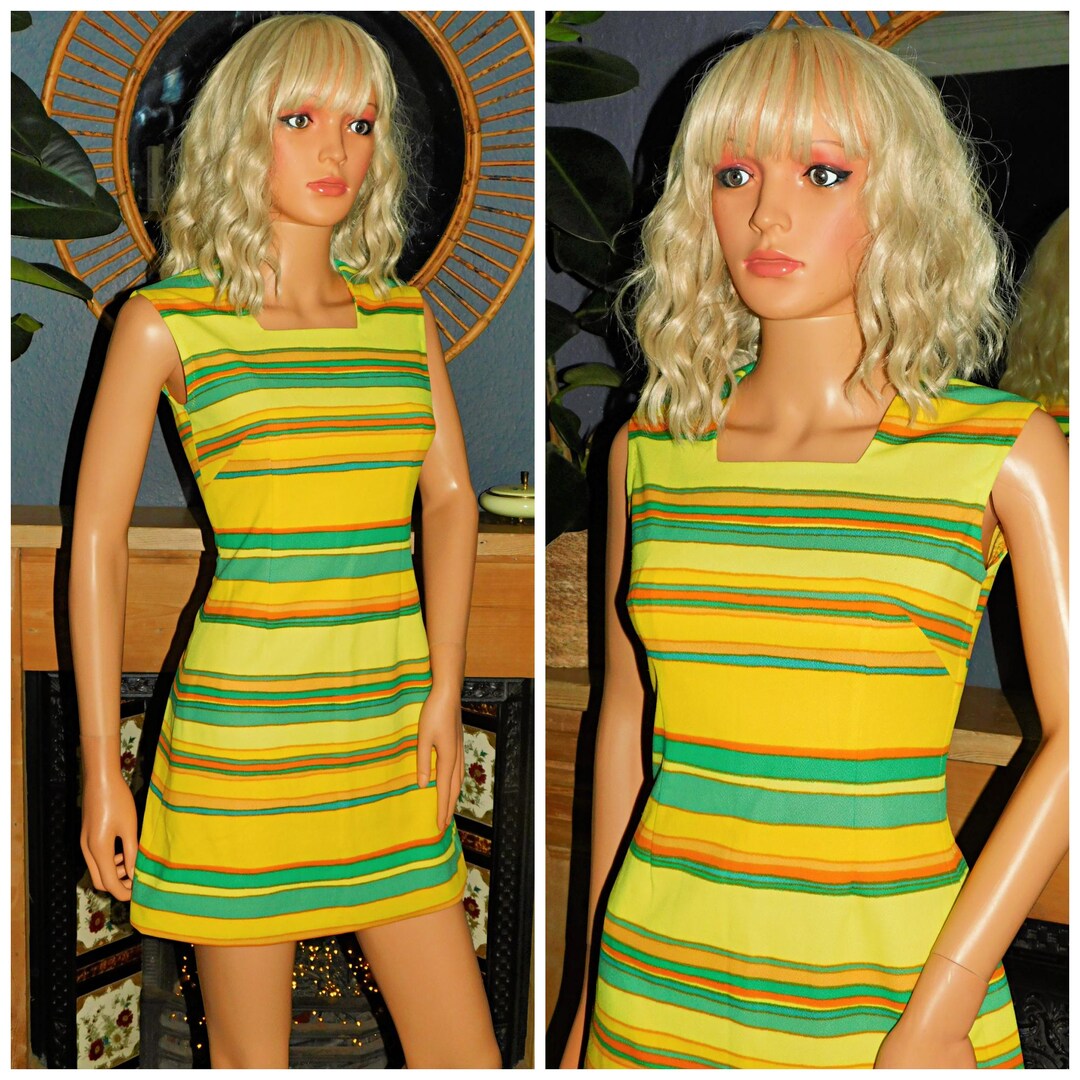 Vintage 60s Lemon Lime STRIPED MINI Mod Gogo Dress Tunic 6-8 Xs 1960s ...