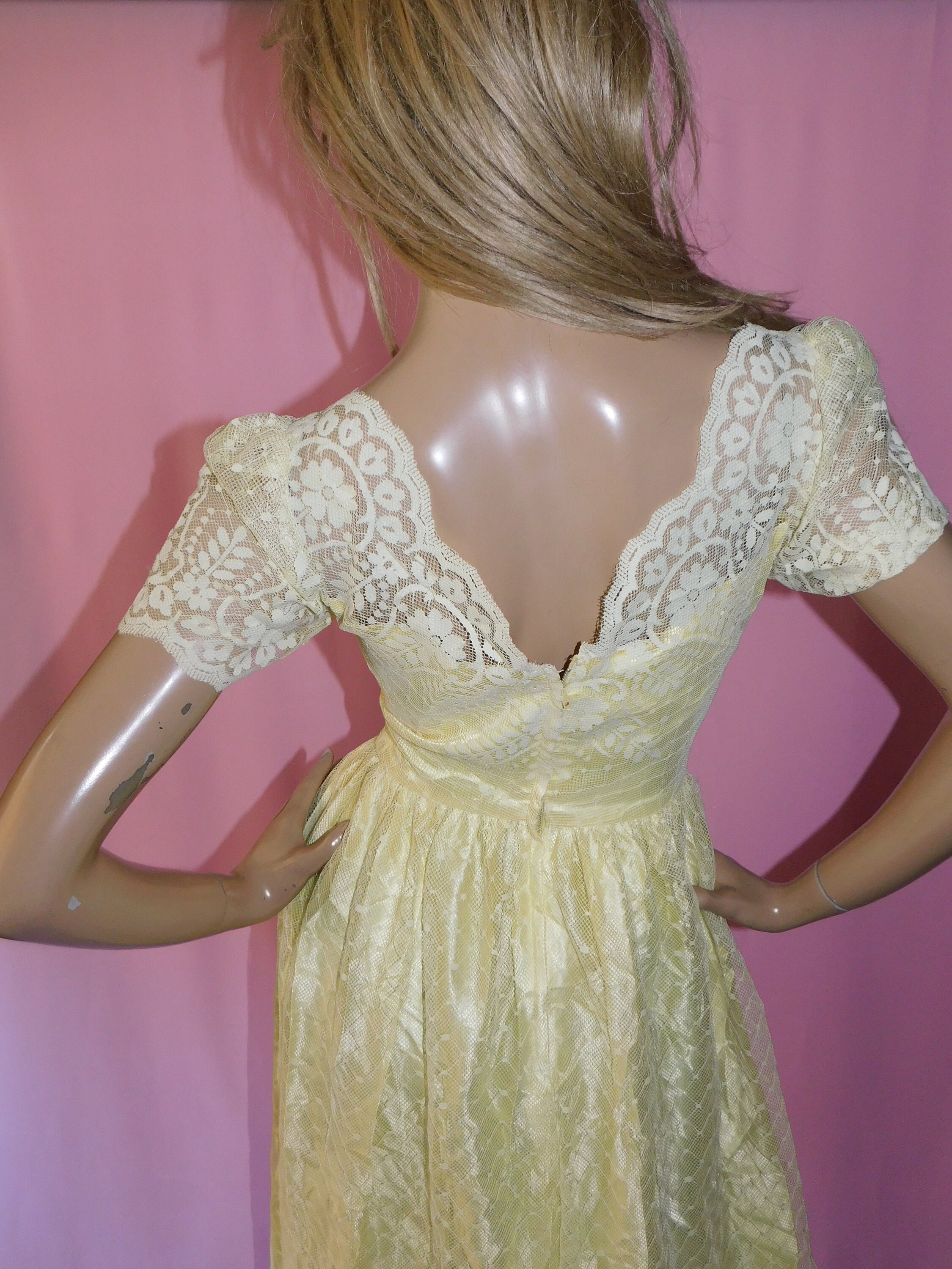 Vintage 50s Yellow LACE Tea Party Dress 6-8 Xs 1950s Wedding Mid Century