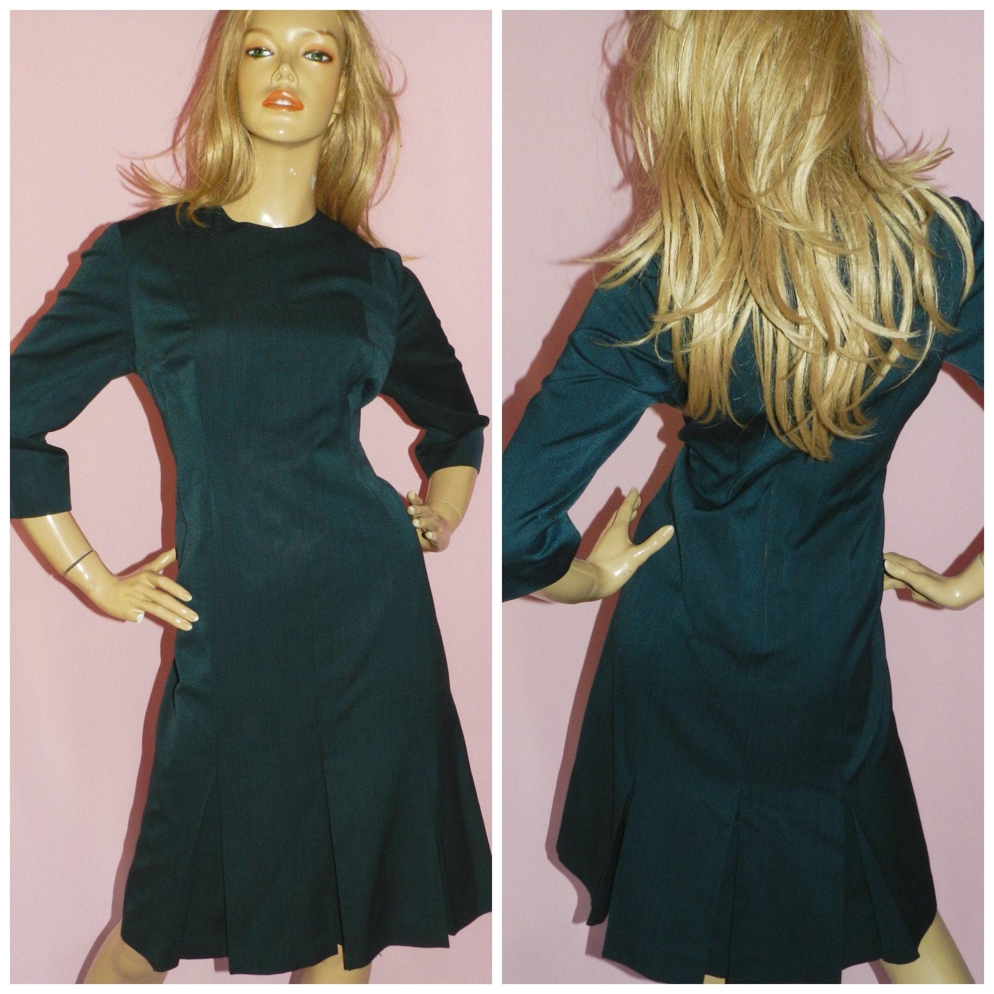Vintage 1950s Dark FOREST GREEN Kick Pleat SECRETARY Dress 16 L 50s ...
