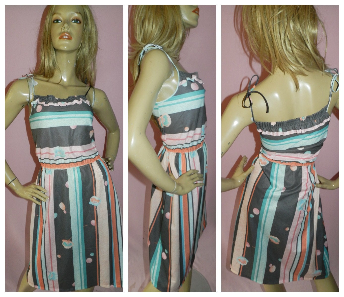 Vintage 70s Multicoloured GEOMETRIC STRIPE Day Sun dress 8 S Xs 1970s ...