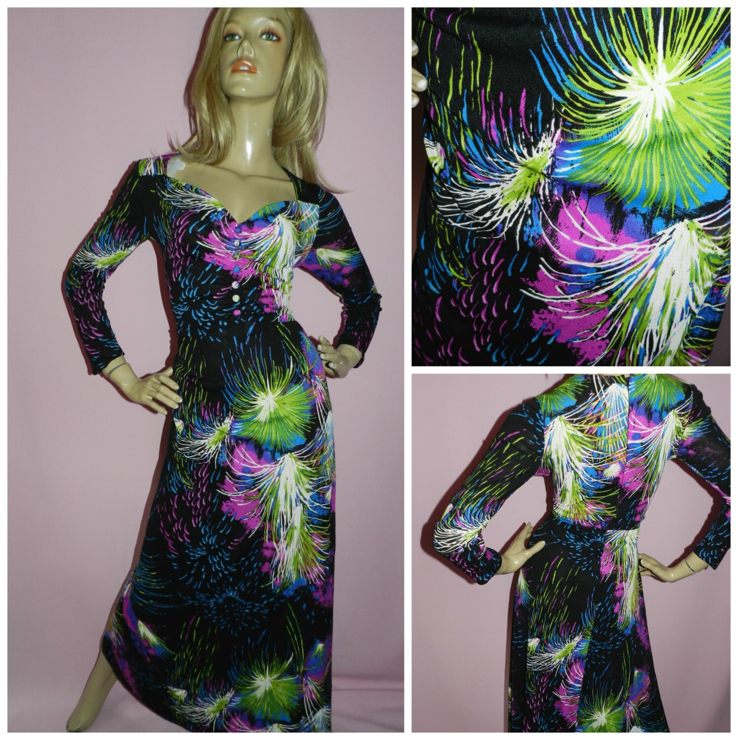 Vintage 70s Black/Multicoloured PSYCHEDELIC FIREWORK Print Maxi dress ...