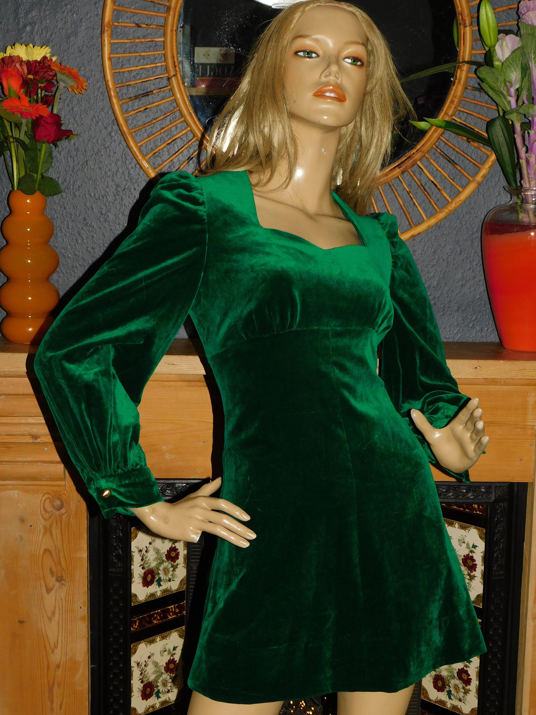Vintage 60s EMERALD Green VELVET MINI Mod GoGo Cocktail Dress 10 S ...